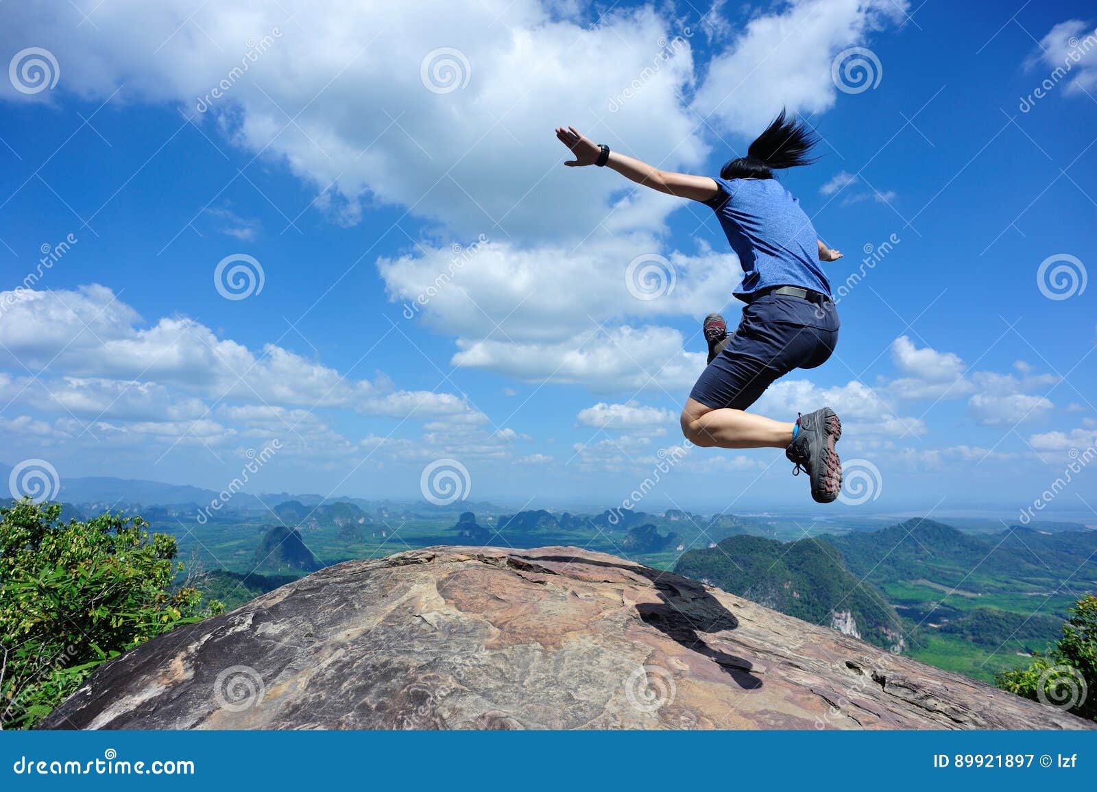Woman Jumping on Mountain Peak Stock Image - Image of ecstatic ...