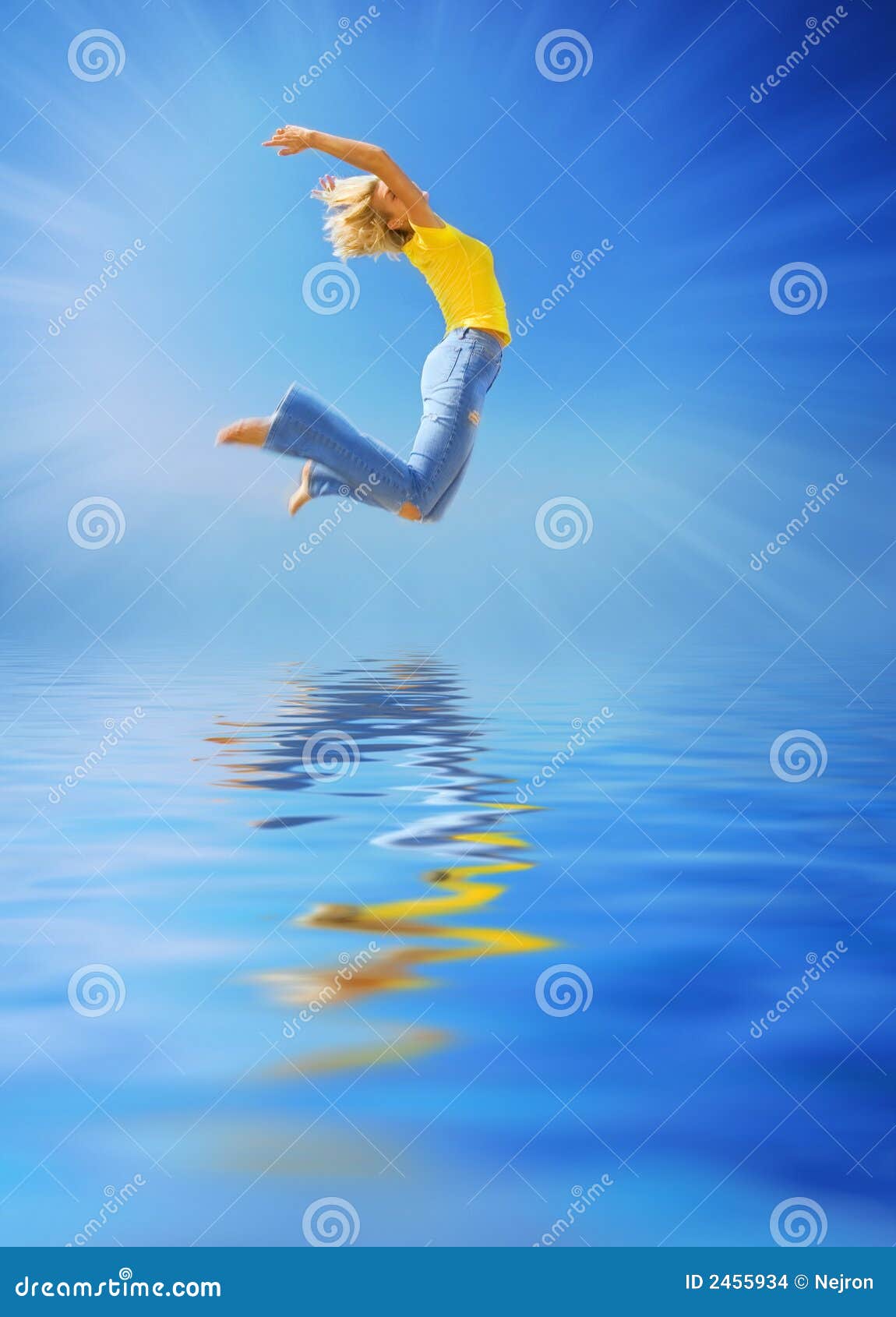 Woman Jumping Over the Water Stock Photo - Image of freedom, people ...