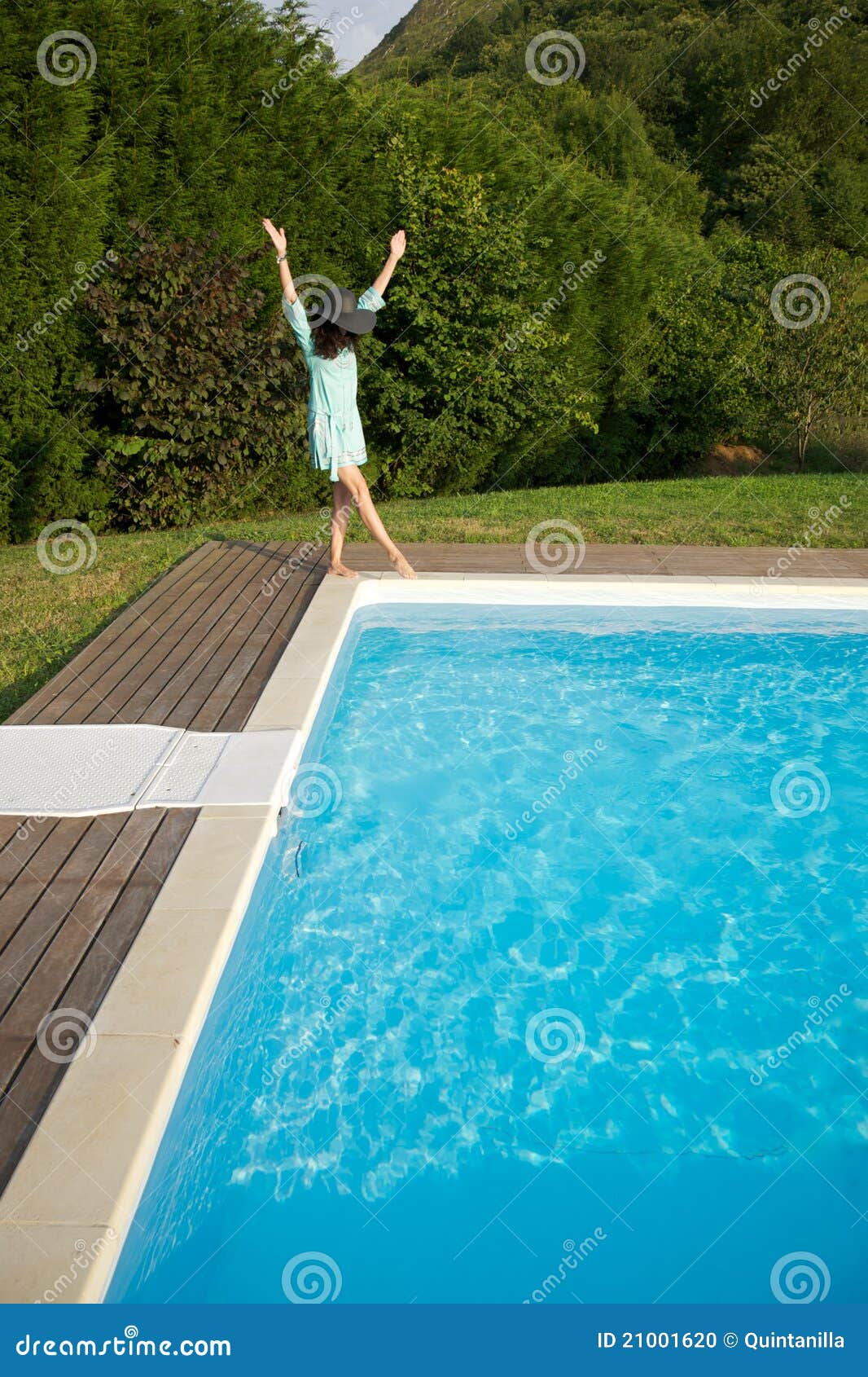 Woman Jumping on Pool Corner Stock Photo - Image of green, barefoot ...