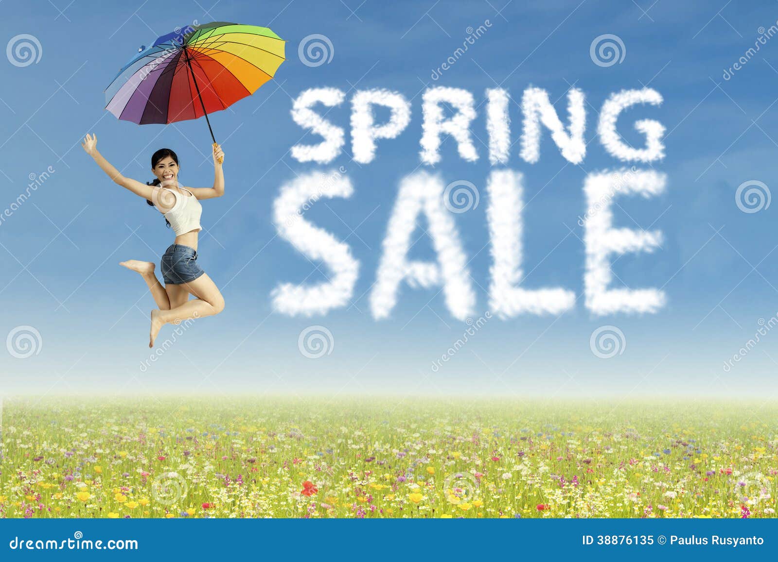 Woman Jumping with Spring Sale Clouds Stock Image - Image of excitement ...