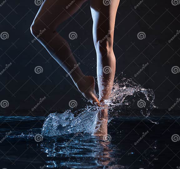 Woman Jumping In Water Barefoot Cropped View Stock Image Image Of