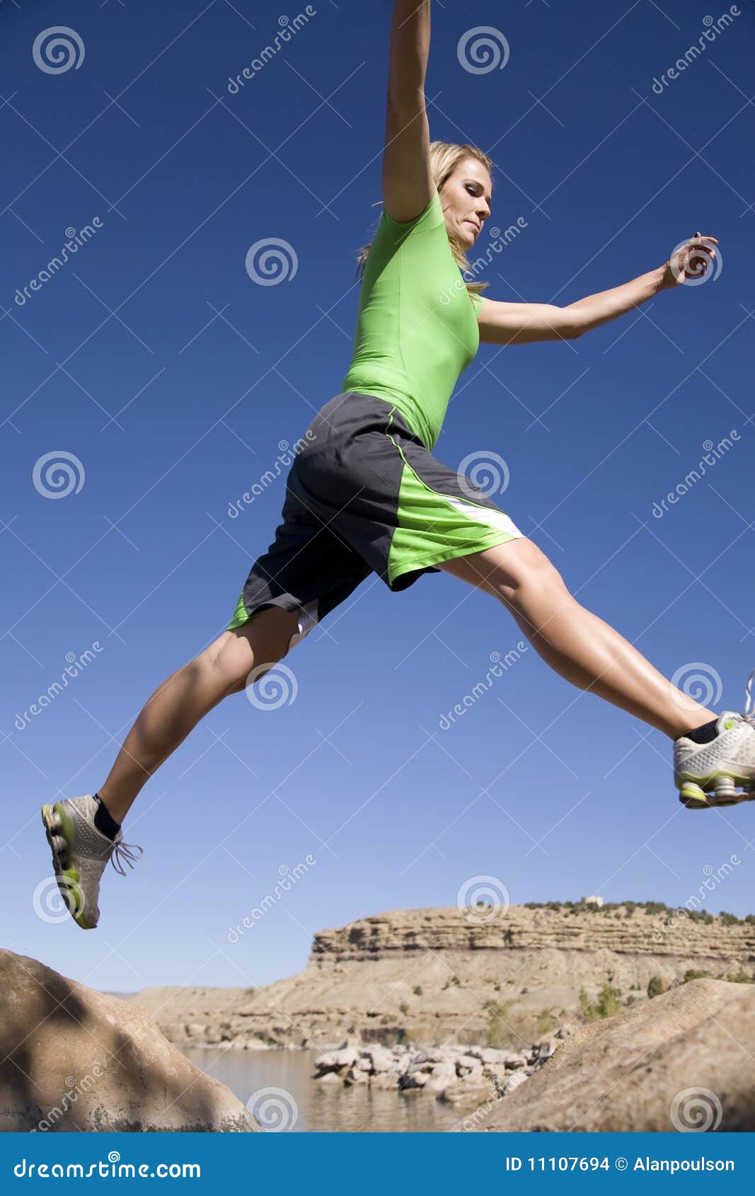 Woman jumps stock photo. Image of mountain, green, reaching - 11107694