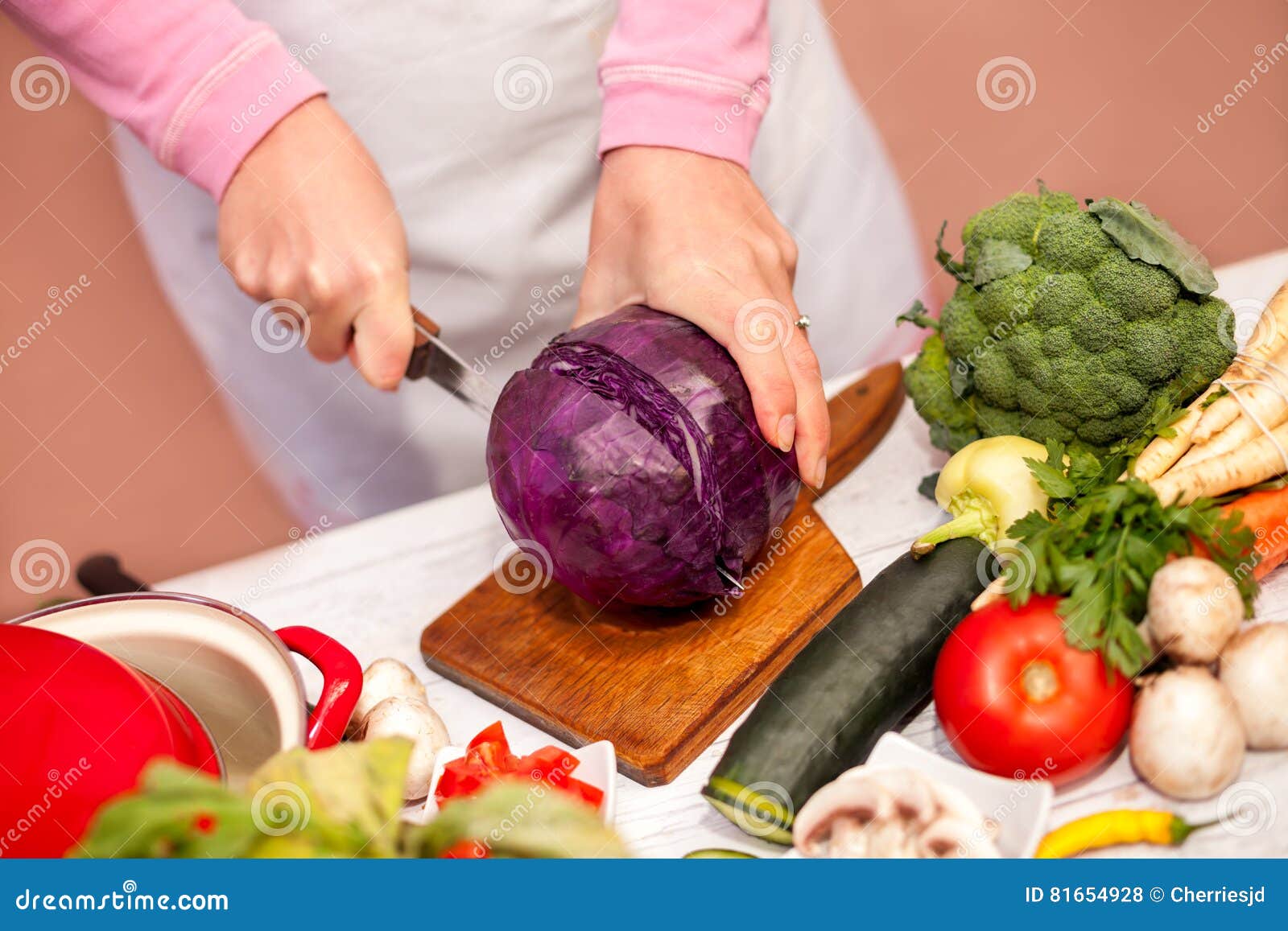 Woman in the Kitchen Cutting a Red Cabbage Stock Photo - Image of detox ...