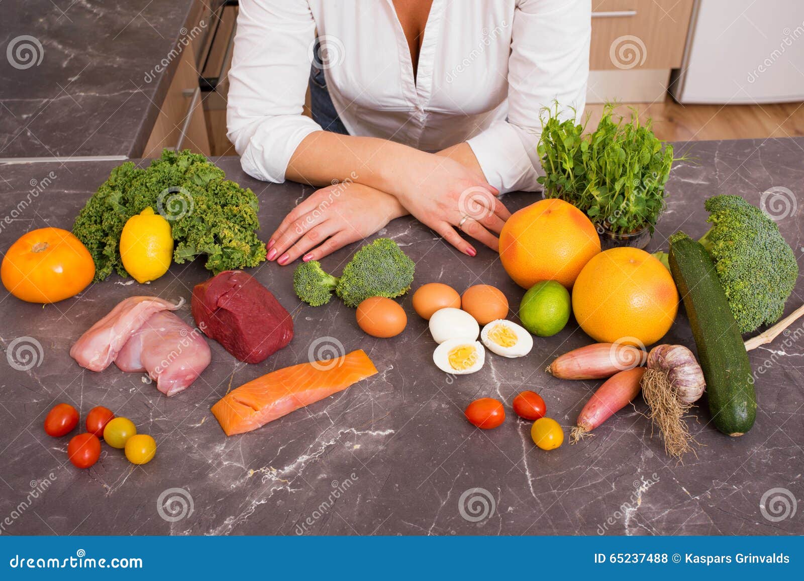 Woman in Kitchen with Different Raw Foods Stock Photo - Image of fish ...