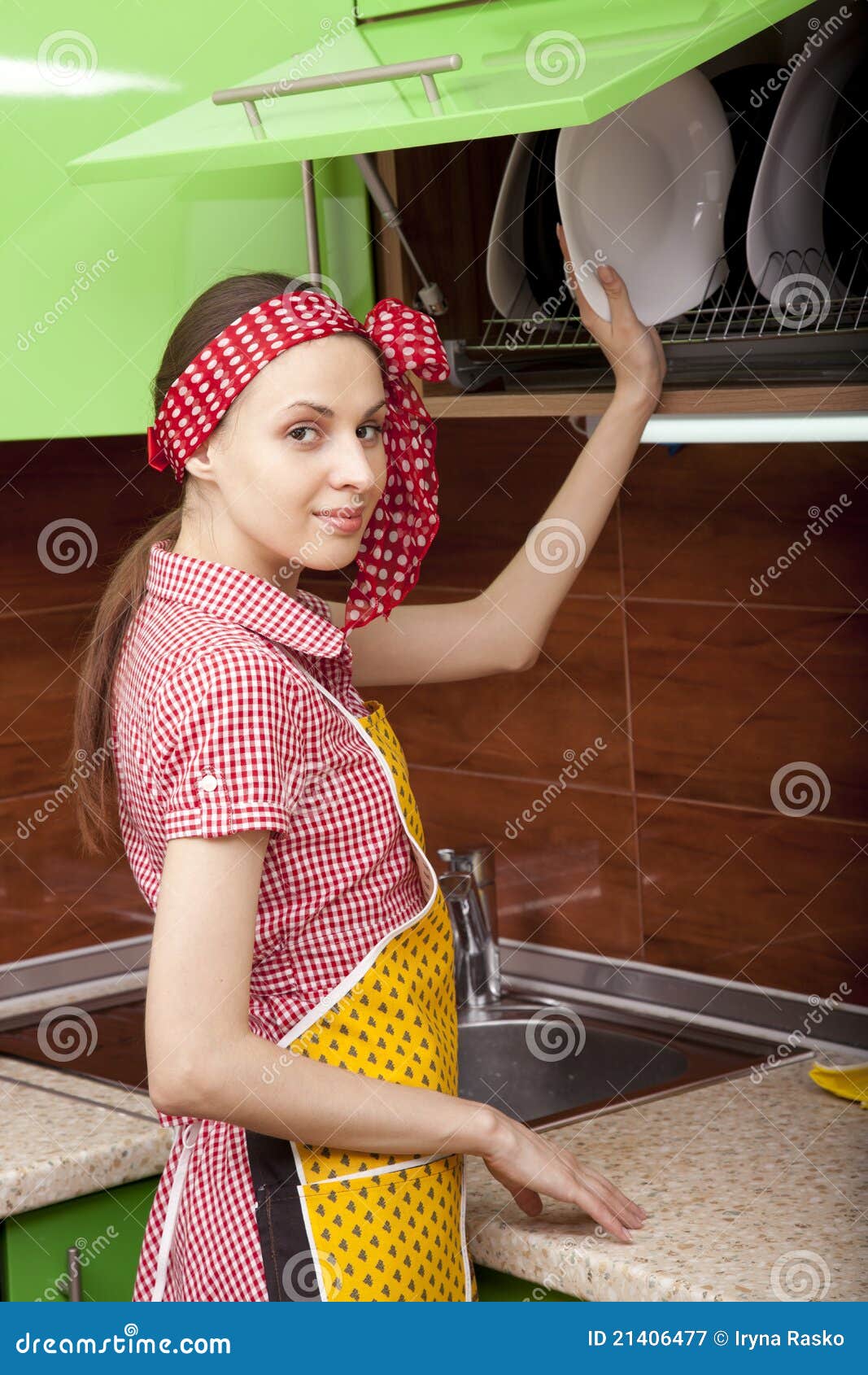 Woman in Kitchen Interior with Clean Plates Stock Image - Image of ...