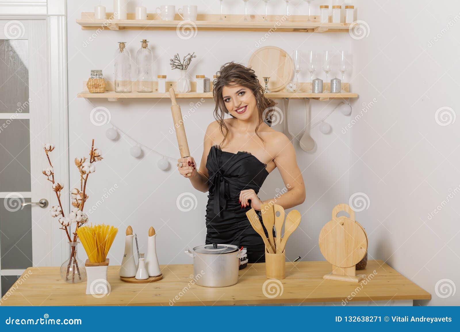 Woman in the Kitchen with a Rolling Pin. Stock Image - Image of food ...