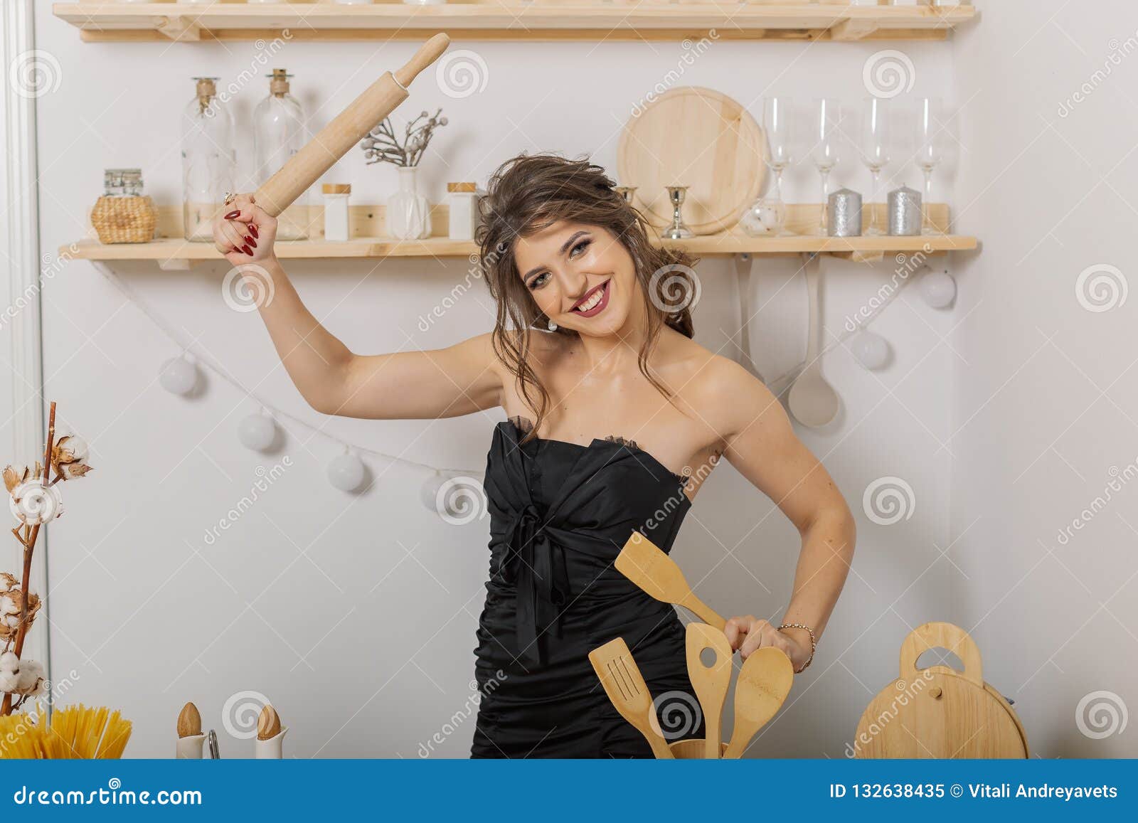 Woman in the Kitchen with a Rolling Pin. Stock Image - Image of girl ...
