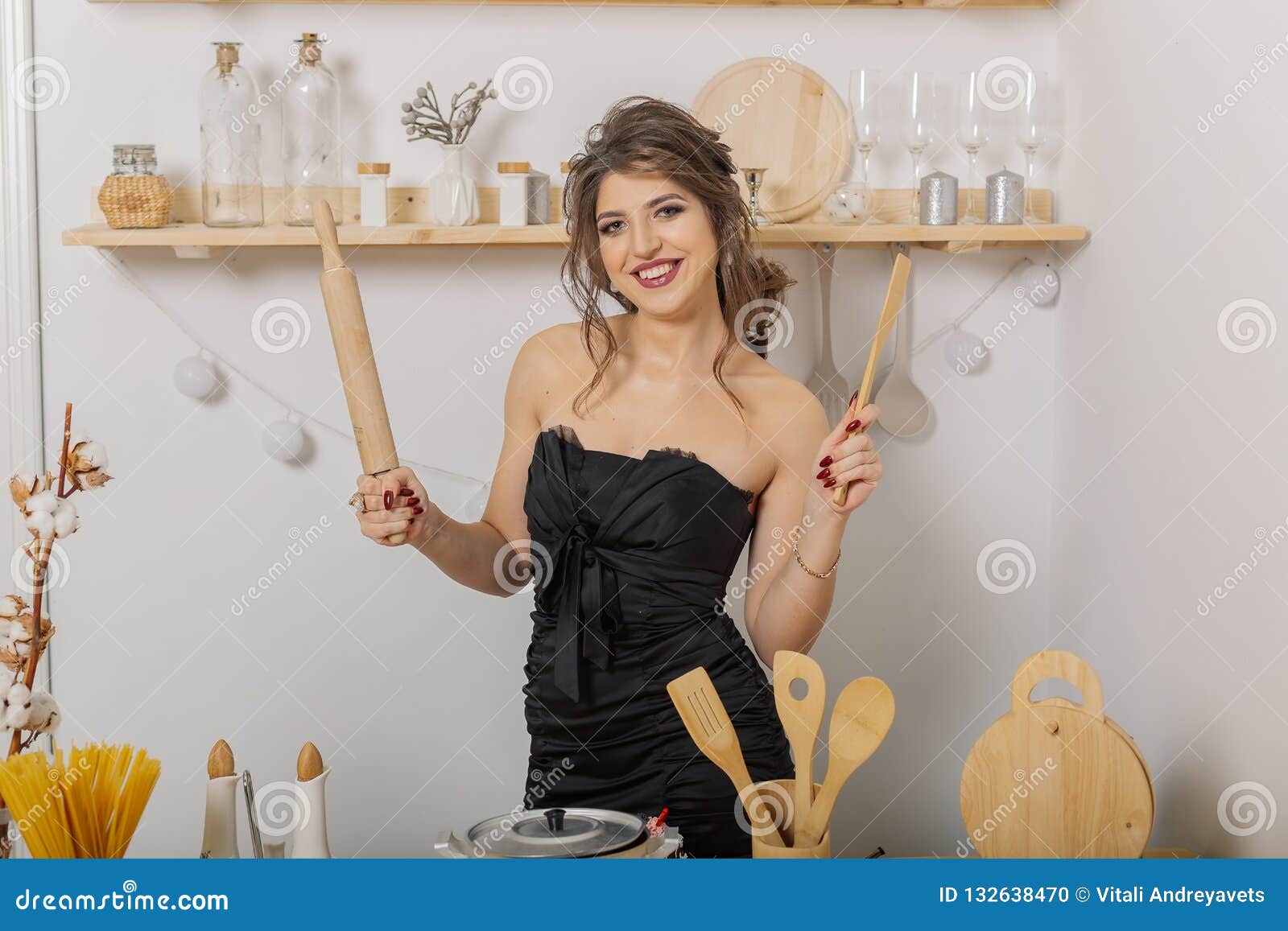 Woman in the Kitchen with a Rolling Pin. Stock Photo - Image of apron ...