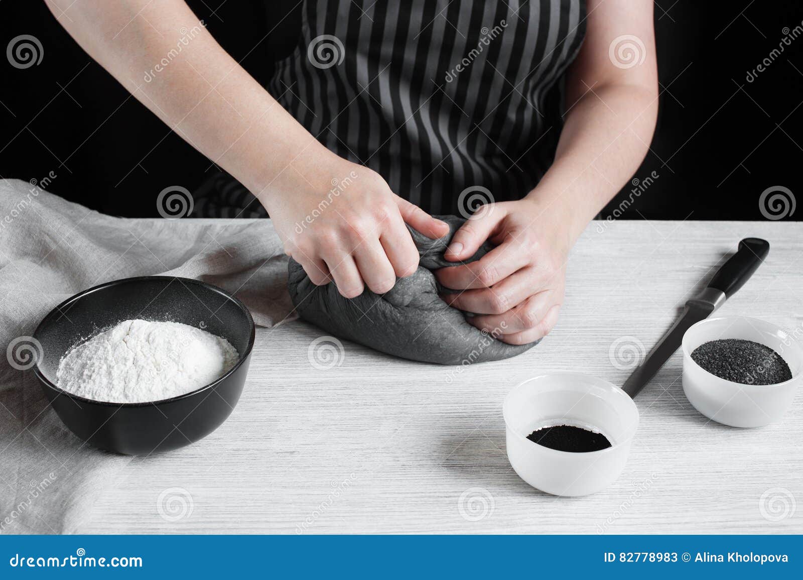 Woman Knead the Black Dought Stock Image - Image of female, pastry ...