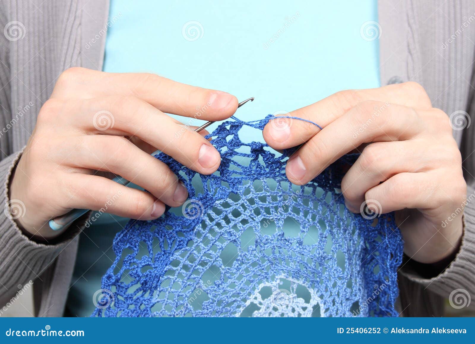 Woman Knitting Blue Pattern Closeup Stock Photo - Image of needle ...