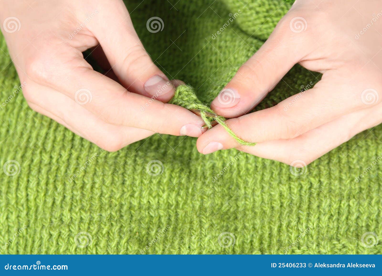 Woman Knitting Green Woolen Threads Closeup Stock Image - Image of ...