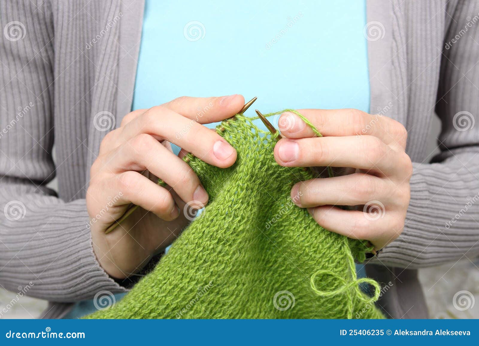 Woman Knitting Green Woolen Threads Closeup Stock Image - Image of ...