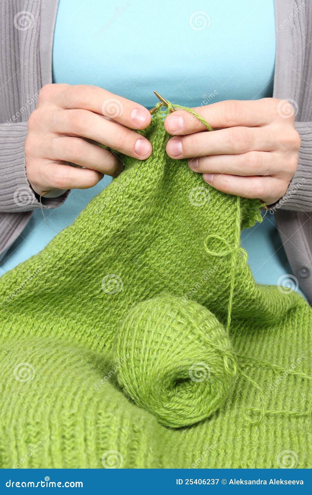 Woman Knitting Green Woolen Threads Closeup Stock Image - Image of ...