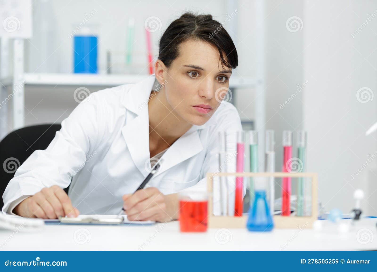 Woman in lab stock image. Image of glasses, liquid, experiment - 278505259