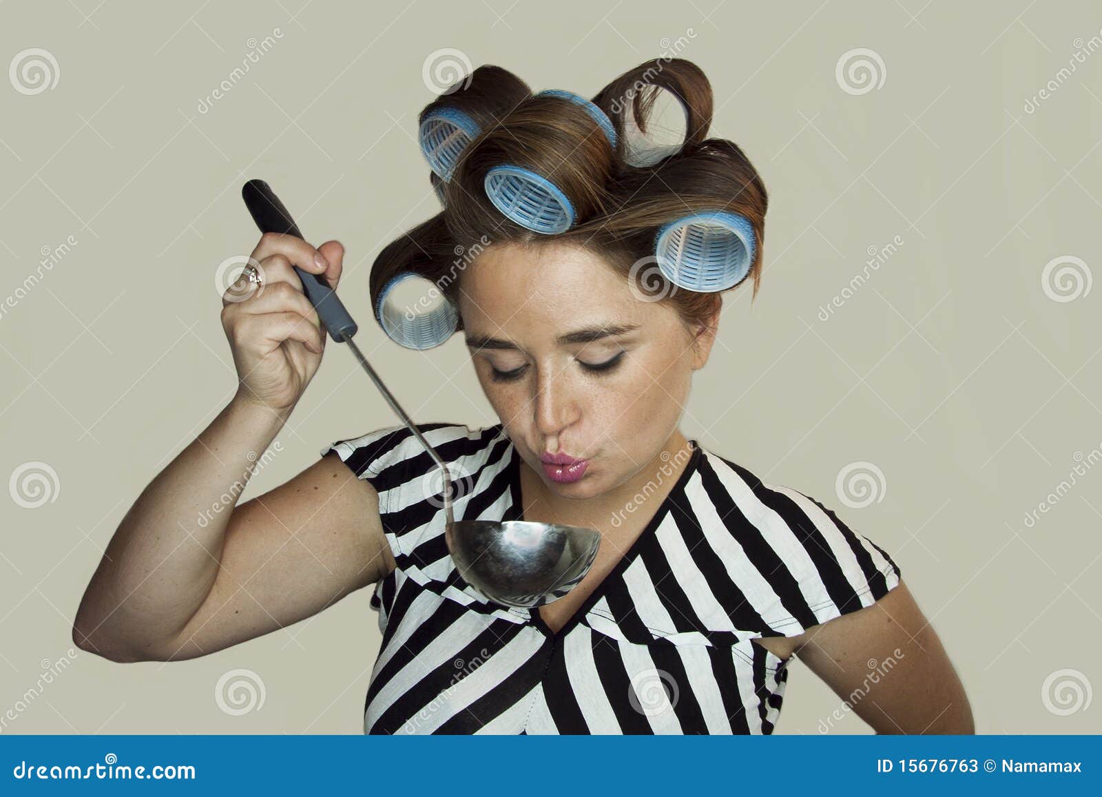 Woman with a ladle stock image. Image of curly, ladle - 15676763