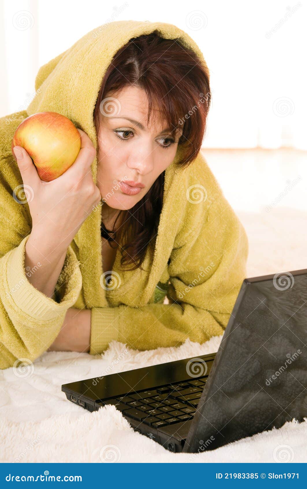 Woman with Laptop and Apple Stock Image - Image of internet, female ...