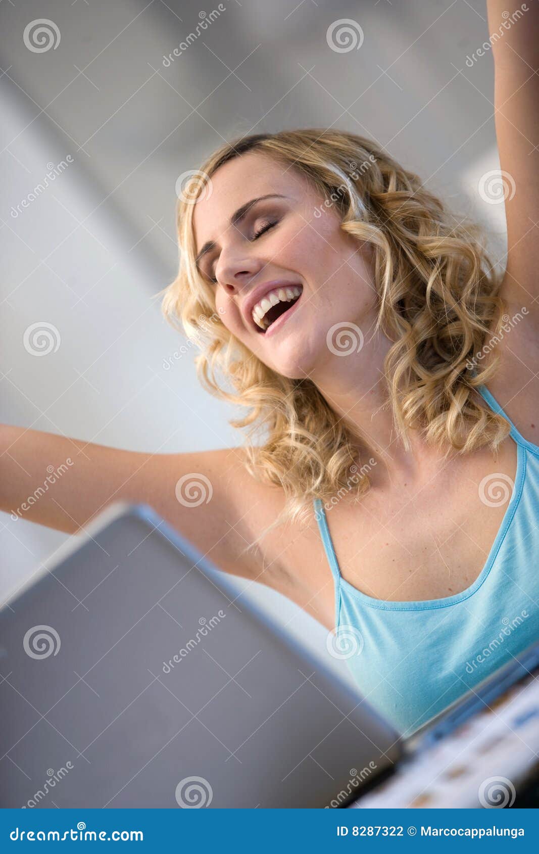 Woman at Laptop with Arms Up Stock Photo - Image of credit, paper: 8287322