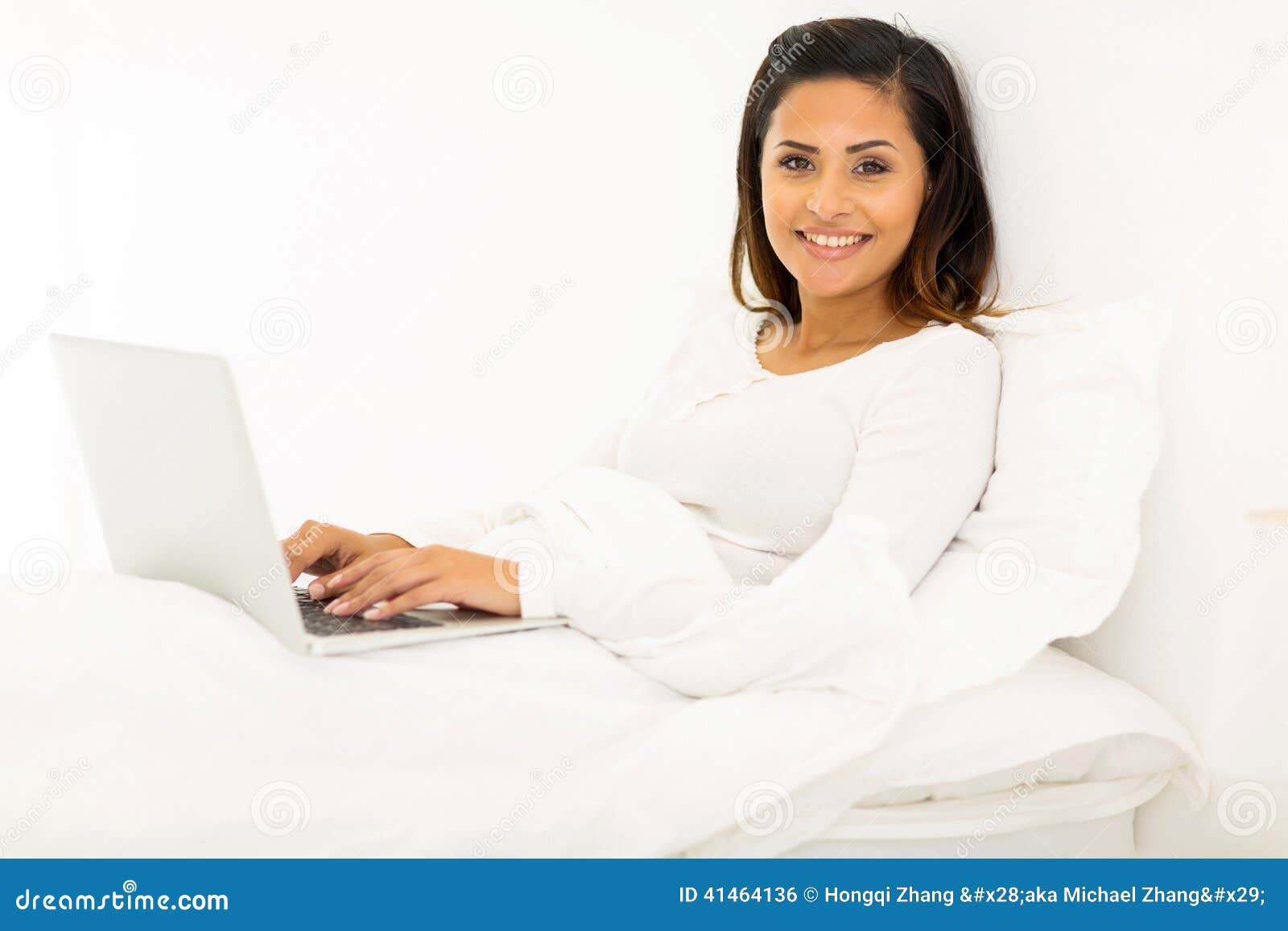 Woman laptop bed stock photo. Image of adorable, female - 41464136