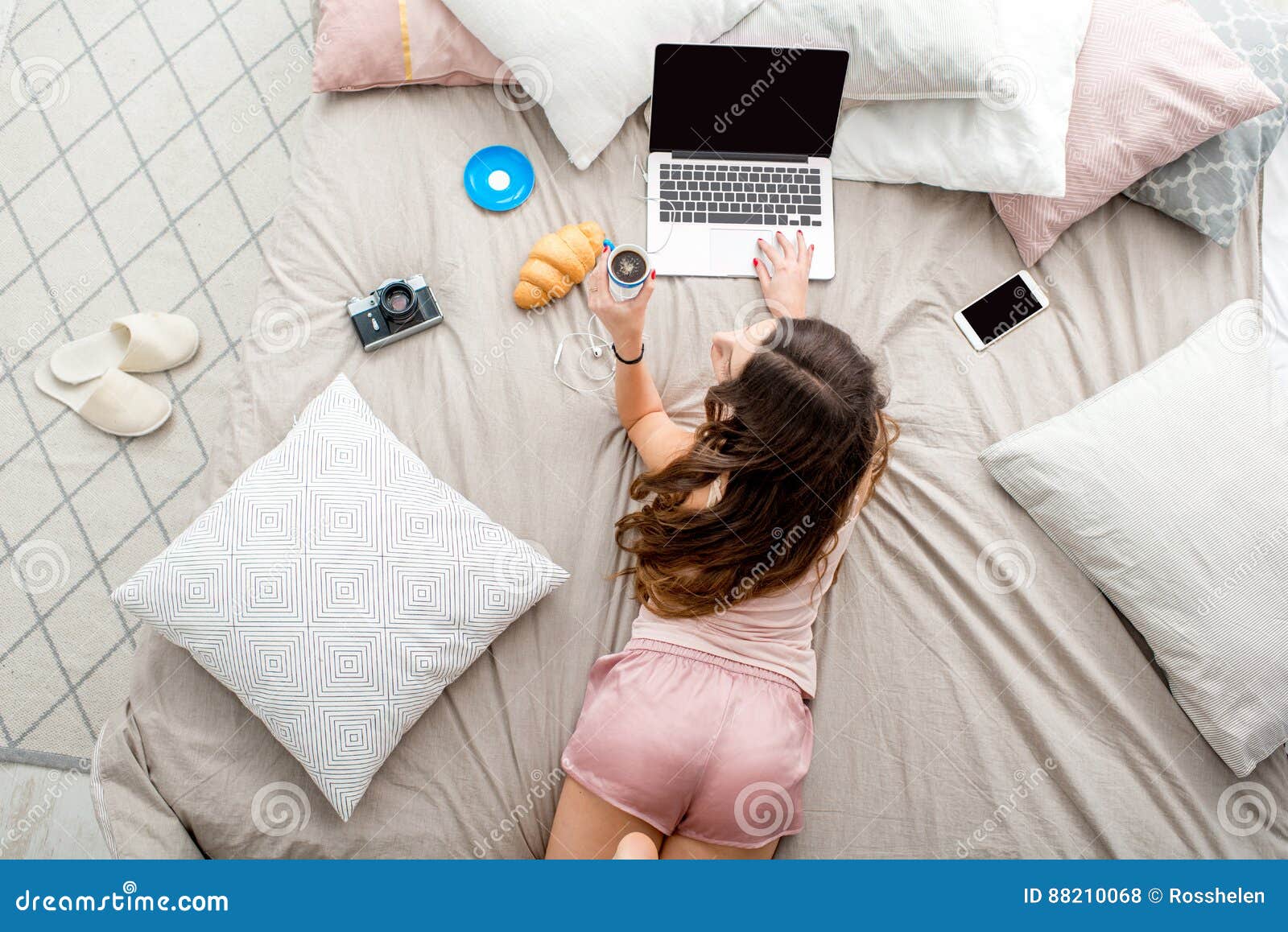 Woman with Laptop on the Bed Stock Photo - Image of pajamas, resting ...