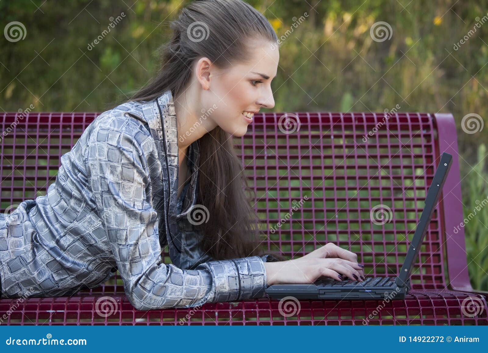 Woman with Laptop on the Bench Stock Photo - Image of bench, wireless ...