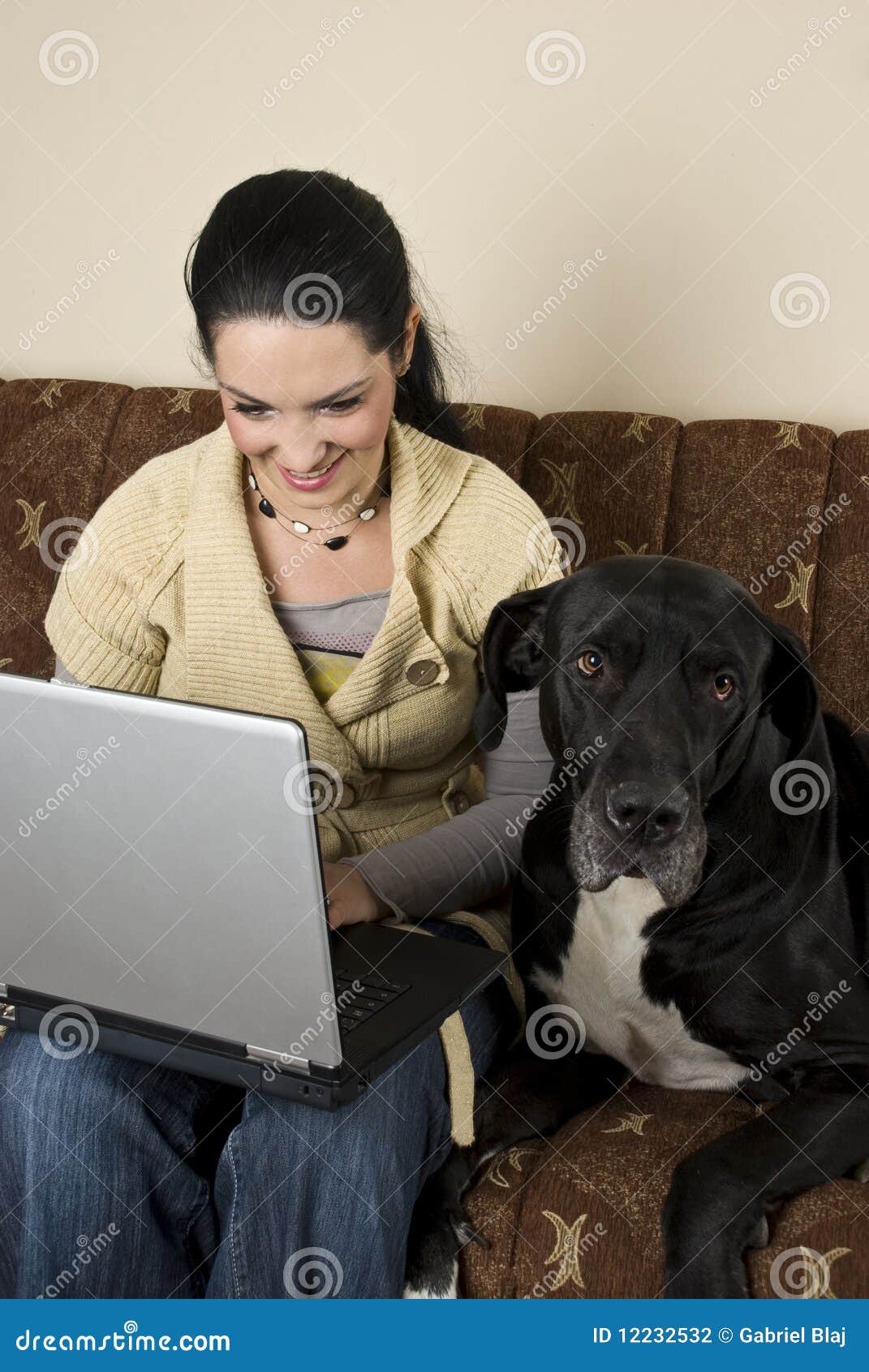 Woman with Laptop and a Big Dog Stock Photo - Image of brown, great ...