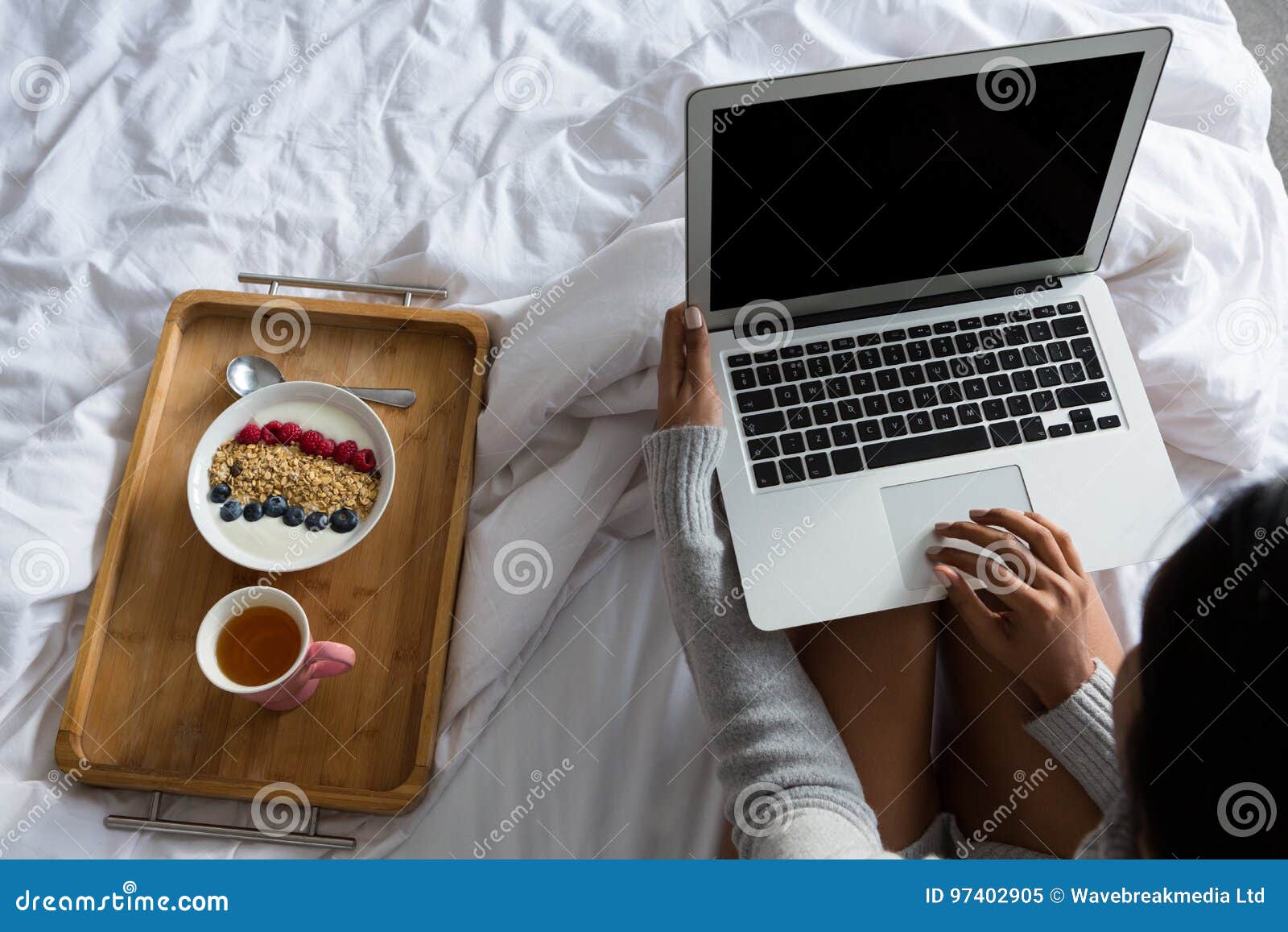 Woman with Laptop by Breakfast on Bed Stock Image - Image of hand ...