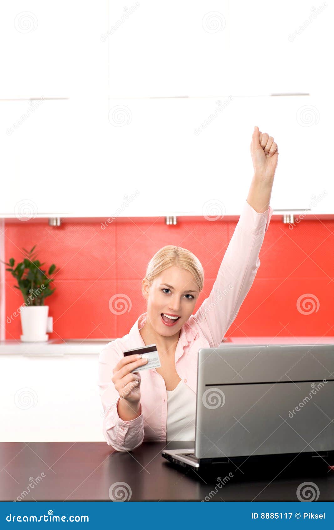 Woman with Laptop Cheering stock image. Image of house - 8885117