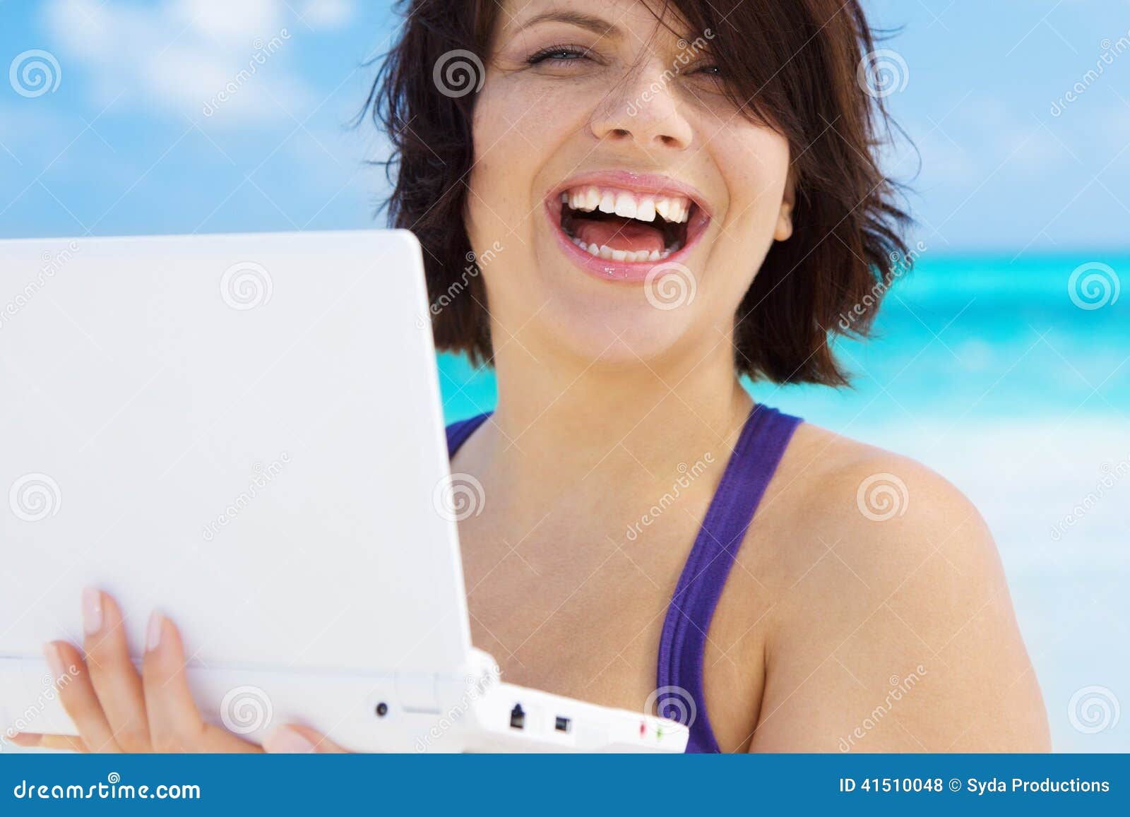 Woman with Laptop Computer on the Beach Stock Photo - Image of cheerful ...