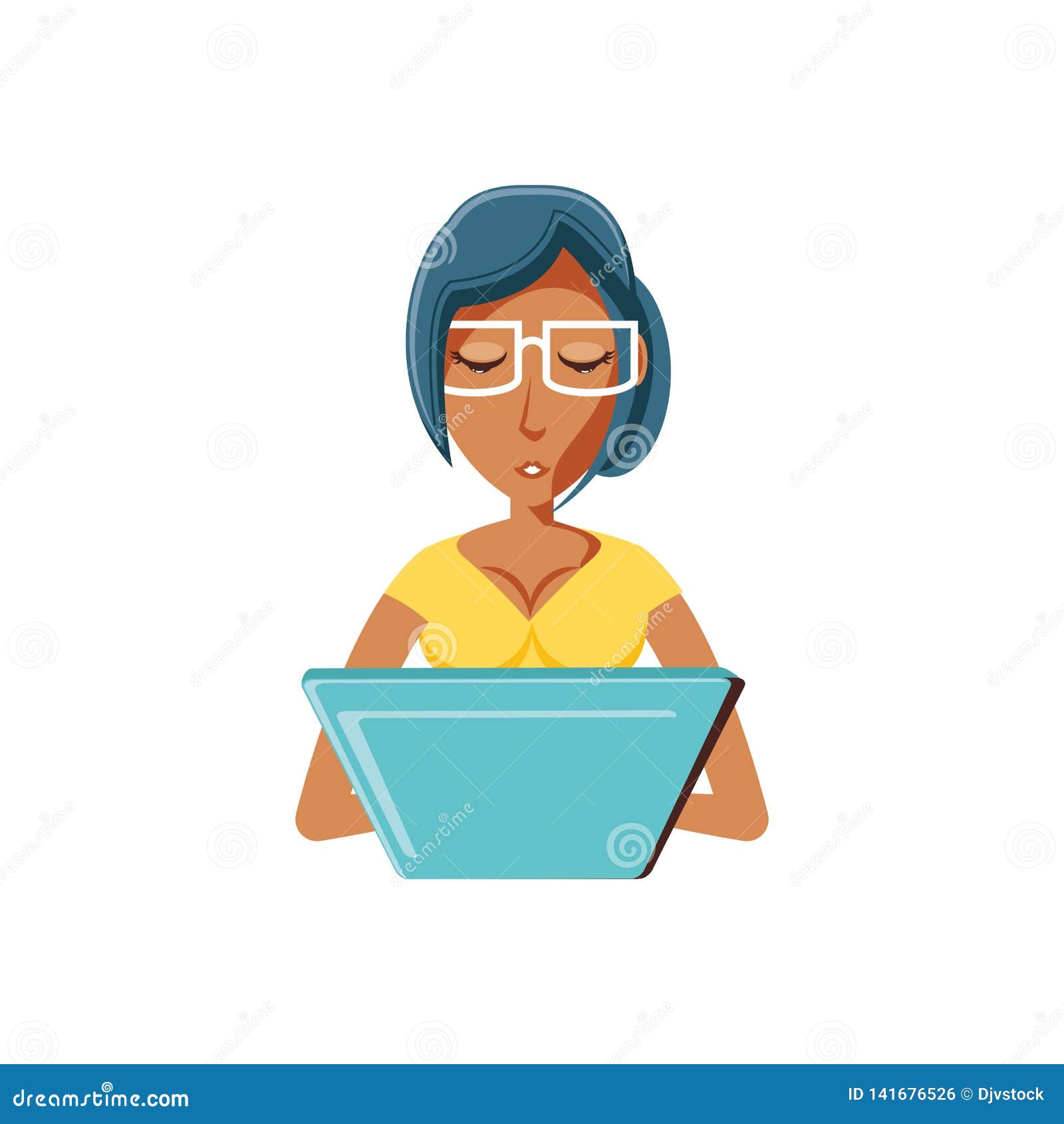 Woman with laptop computer stock vector. Illustration of screen - 141676526