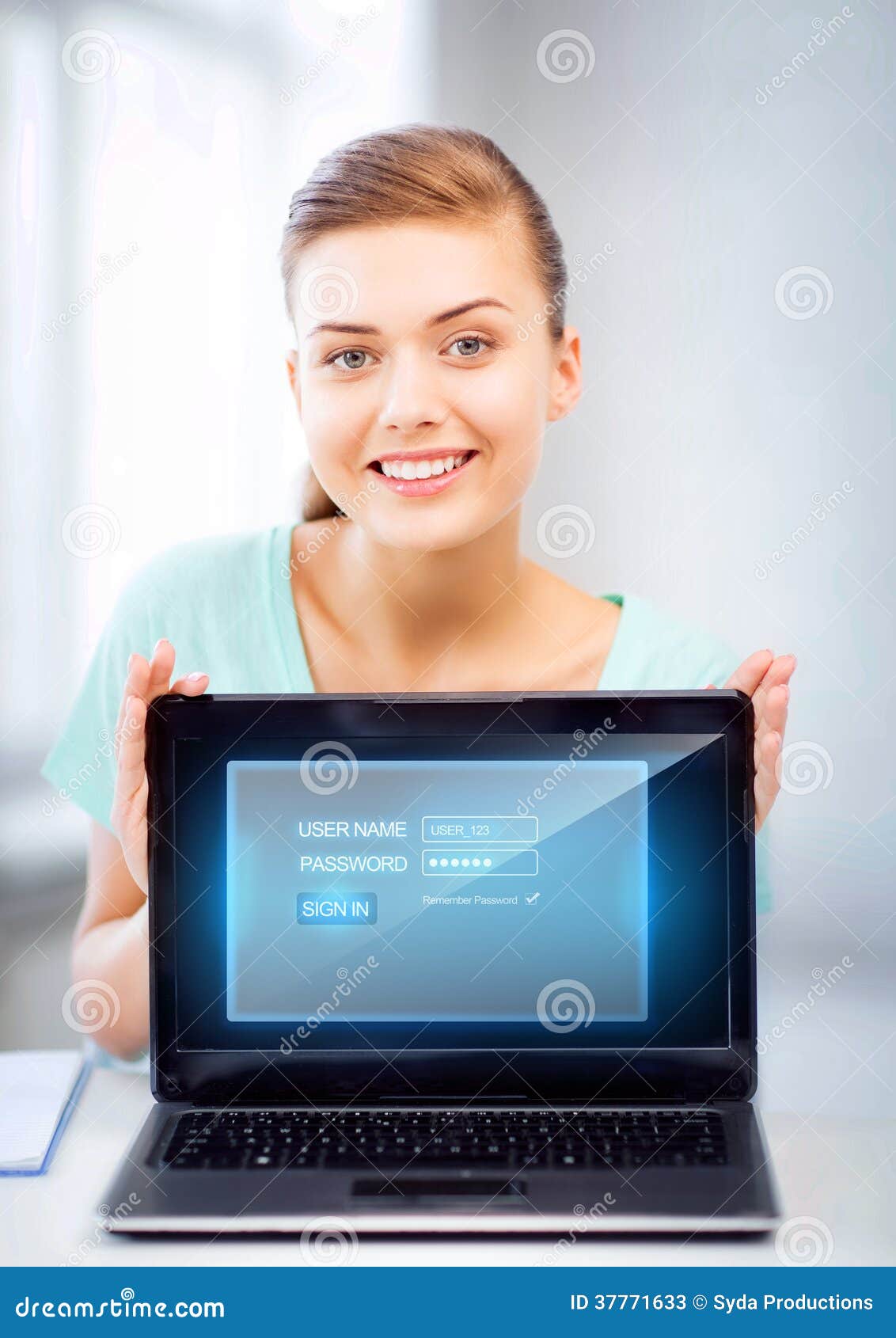 Woman with Laptop Computer and Virtual Screen Stock Image - Image of ...