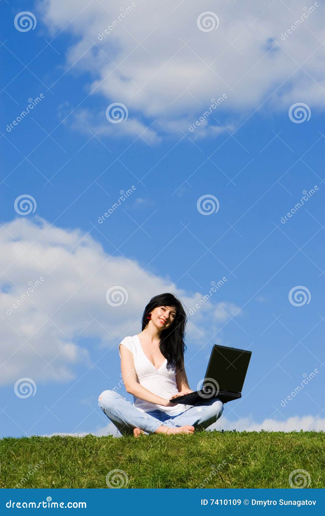 Woman with Laptop on the Green Grass Stock Image - Image of freedom ...