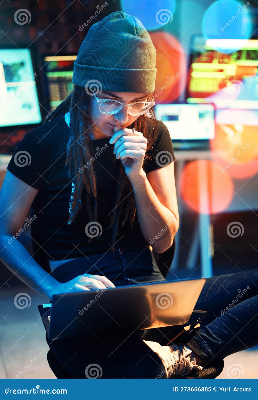 Woman, Laptop and Hacker Thinking, Typing or Programming, Software or Cybersecurity. Neon ...