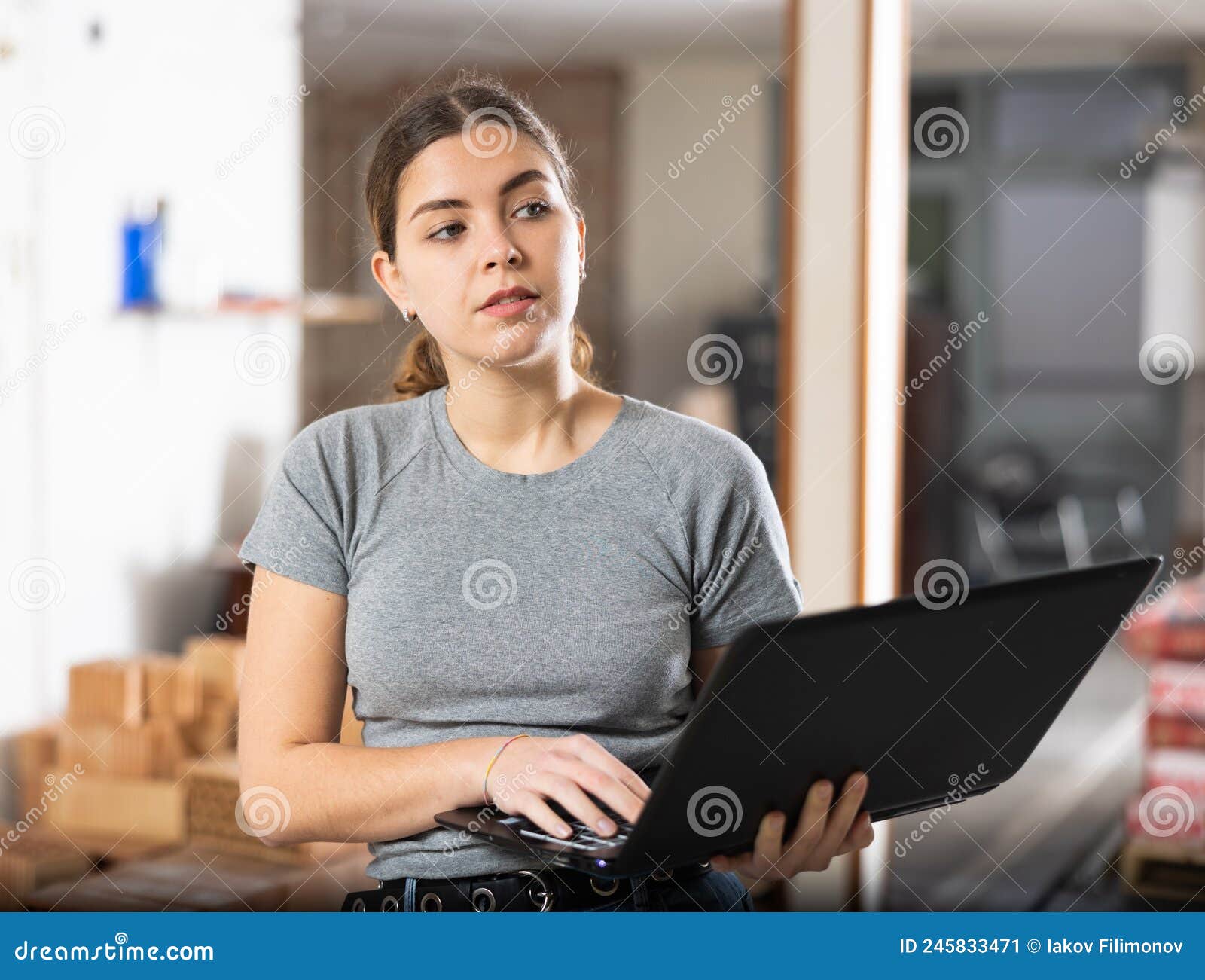 Woman with Laptop on Indoor Construction Site Stock Image - Image of ...