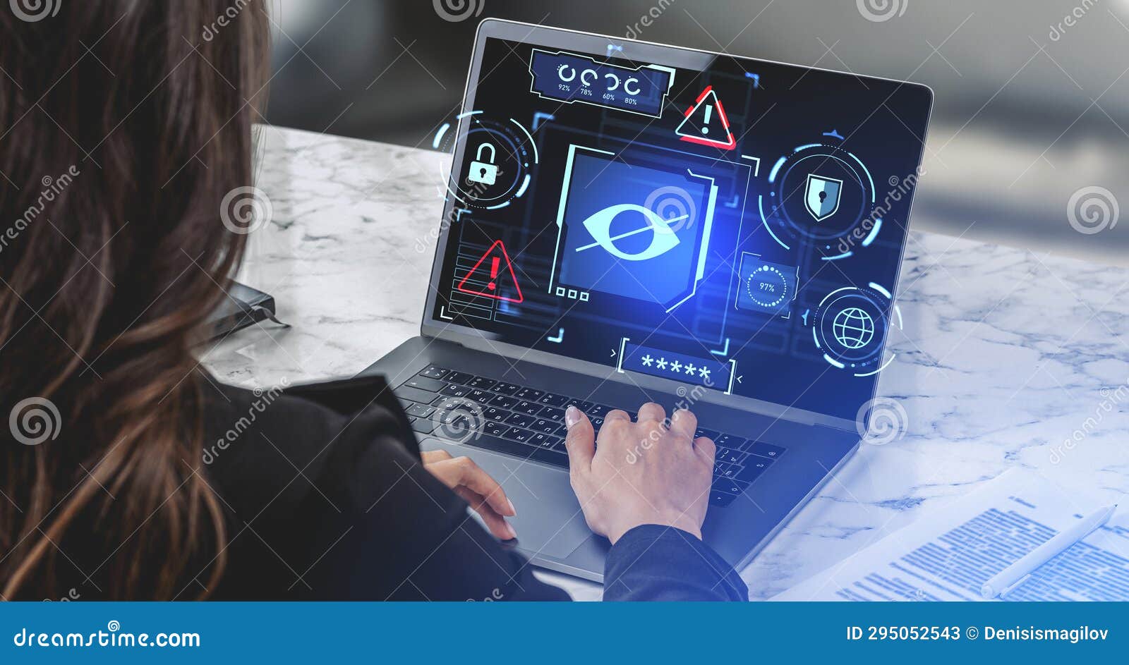 Woman with Laptop Looking at Sensitive Content Warning Stock ...