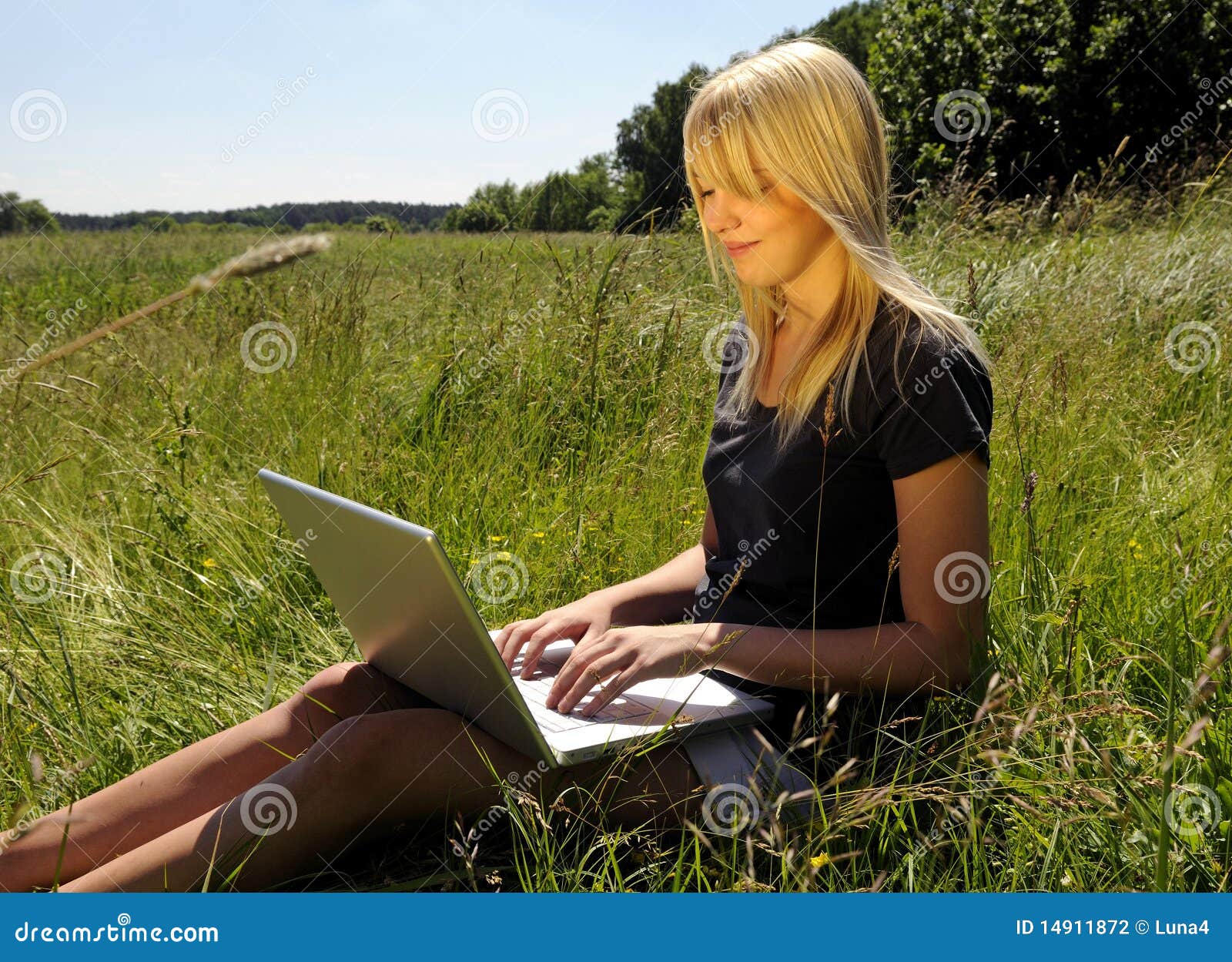 Woman with Laptop on a Meadow Stock Photo - Image of blond, learn: 14911872