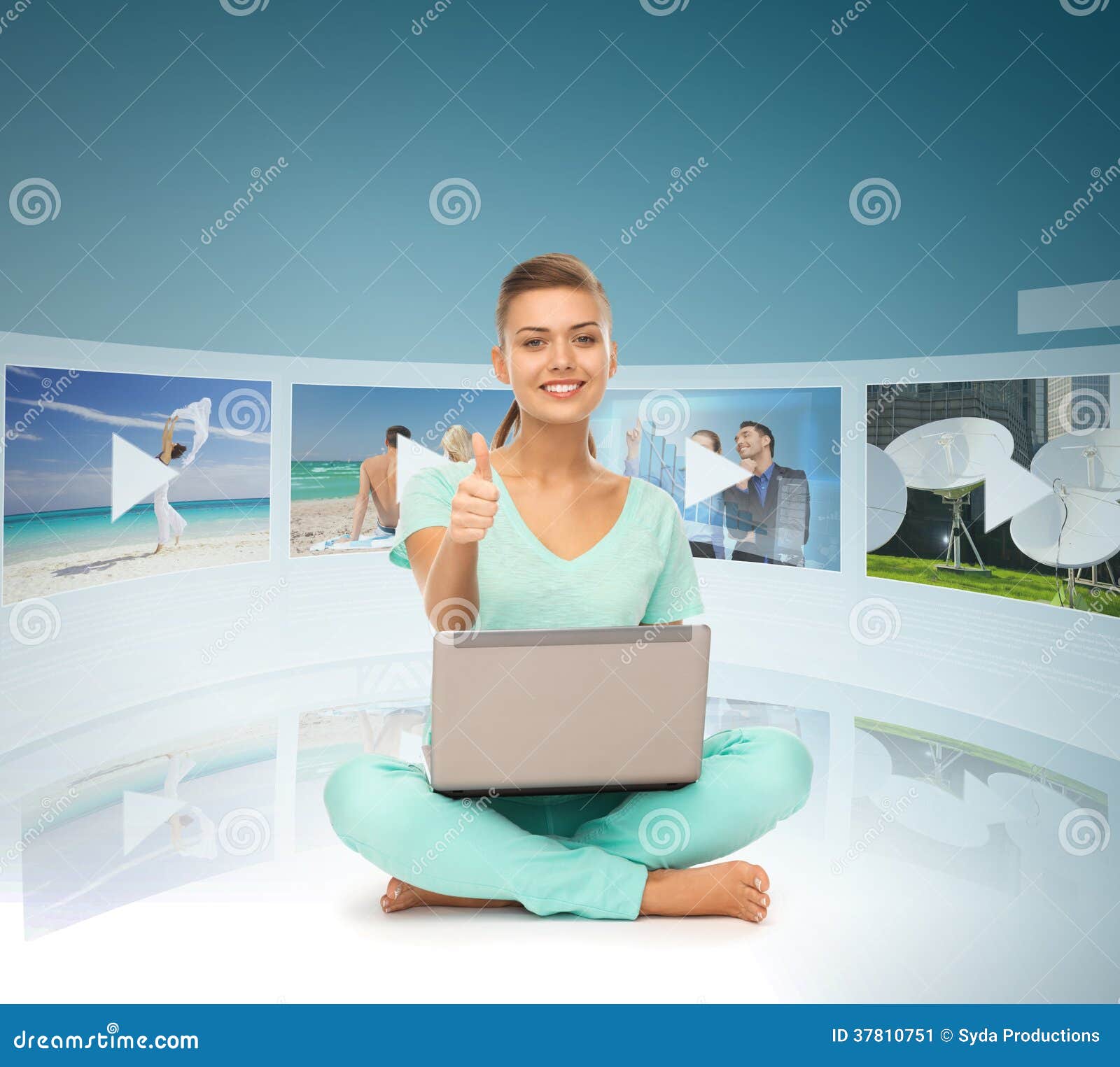 Woman with Laptop Pc and Virtual Screens Stock Image - Image of ...