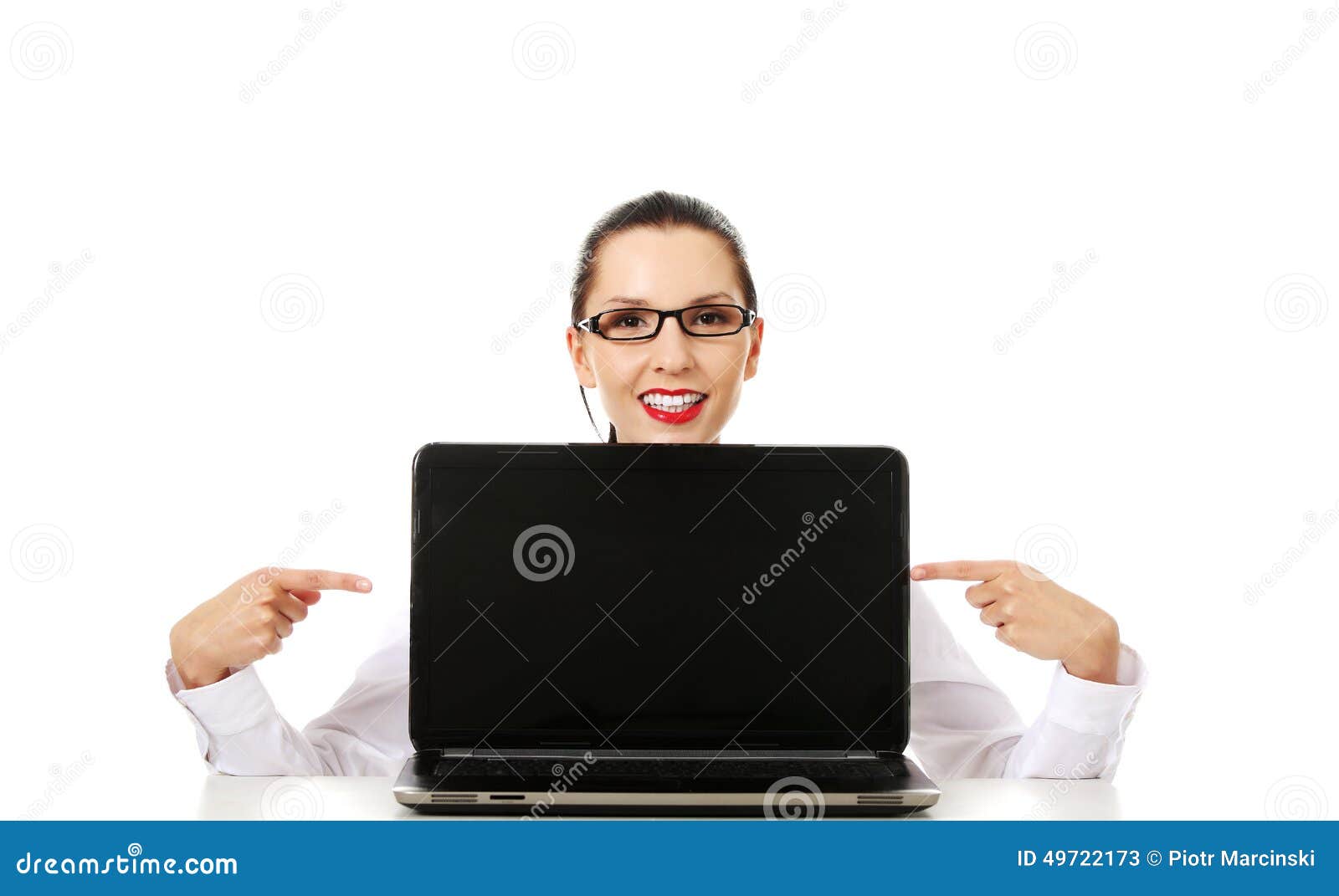 Woman with Laptop Points To the Screen. Stock Image - Image of adult ...
