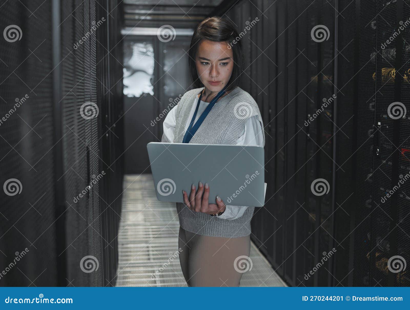 Woman with Laptop, Server Room and it, Engineer and Datacenter with ...