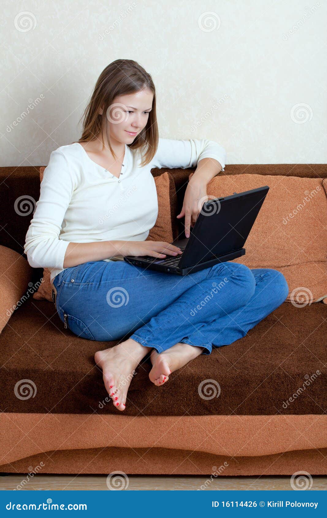 Woman with Laptop on the Sofa Stock Photo - Image of cheerful, people ...