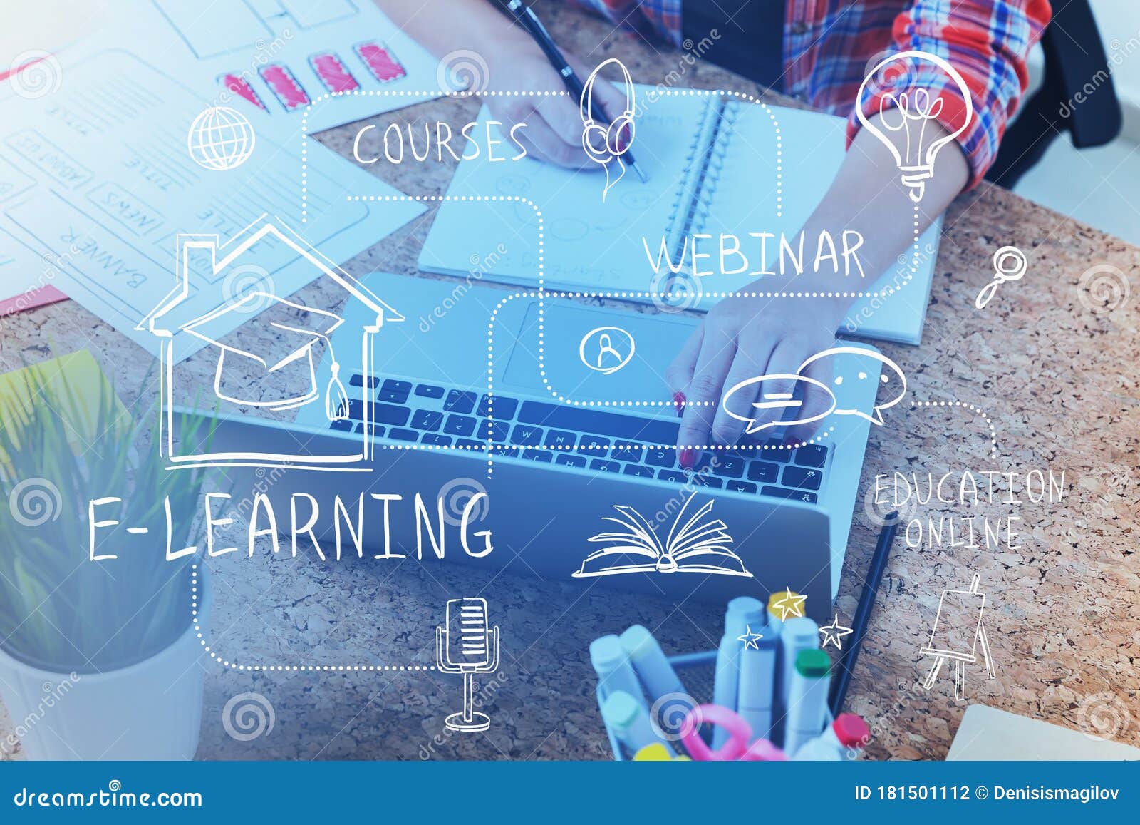 Woman with Laptop Writing, E Learning Sketch Stock Photo - Image of ...