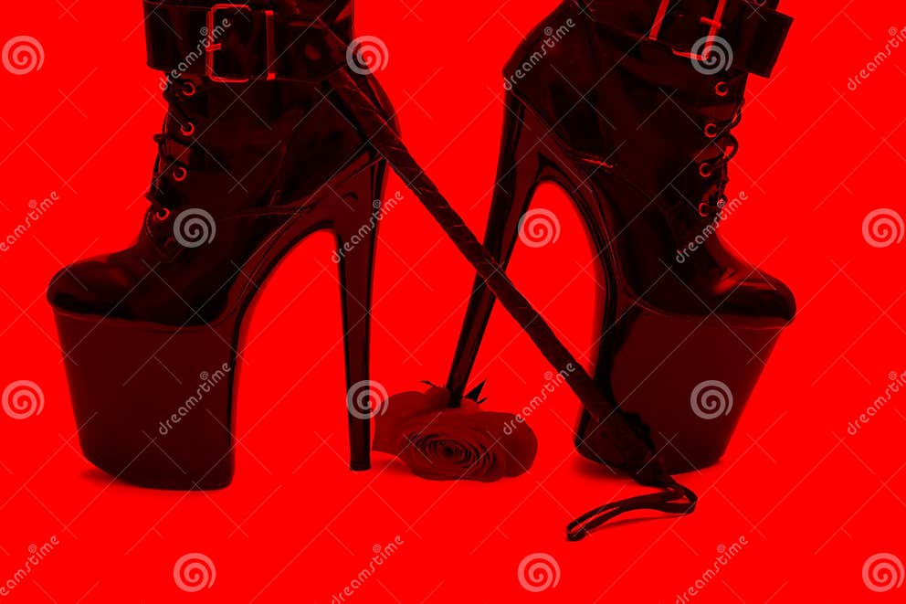 Woman In Latex High Heels Boots Stomping Rose In Red Light Stock Image Image Of Erotic Stomp