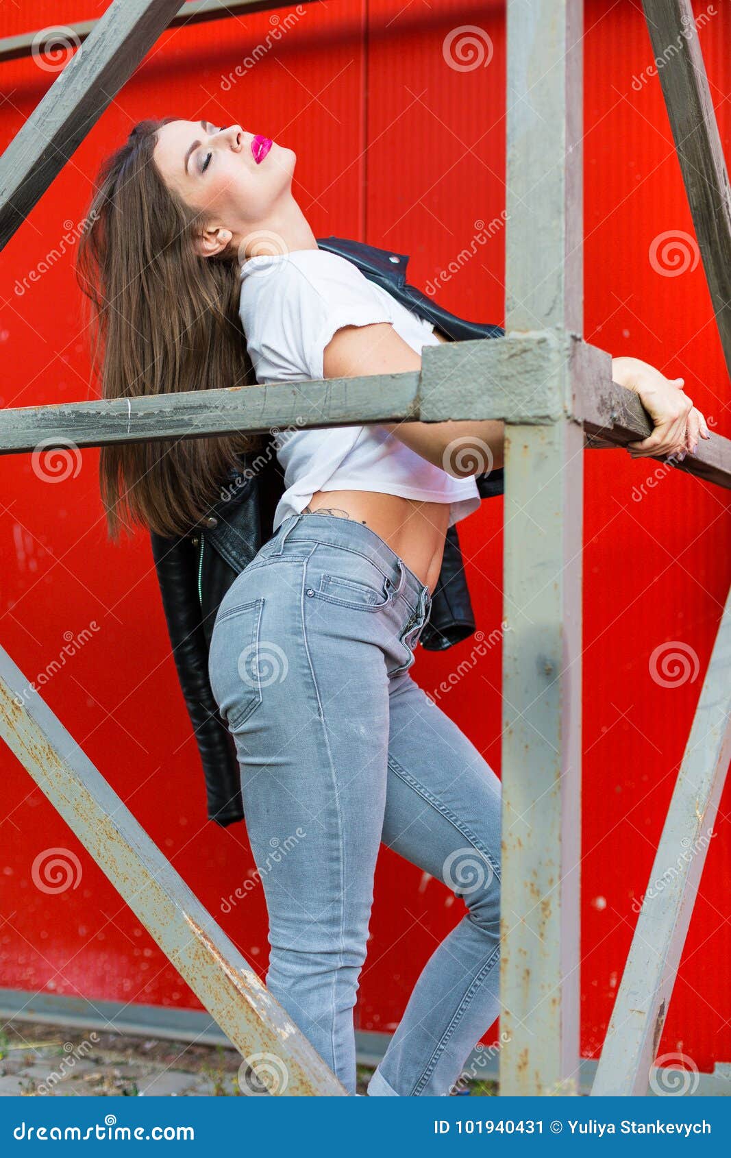 Woman with a Lather Biker Jacket Stock Image - Image of style, street ...