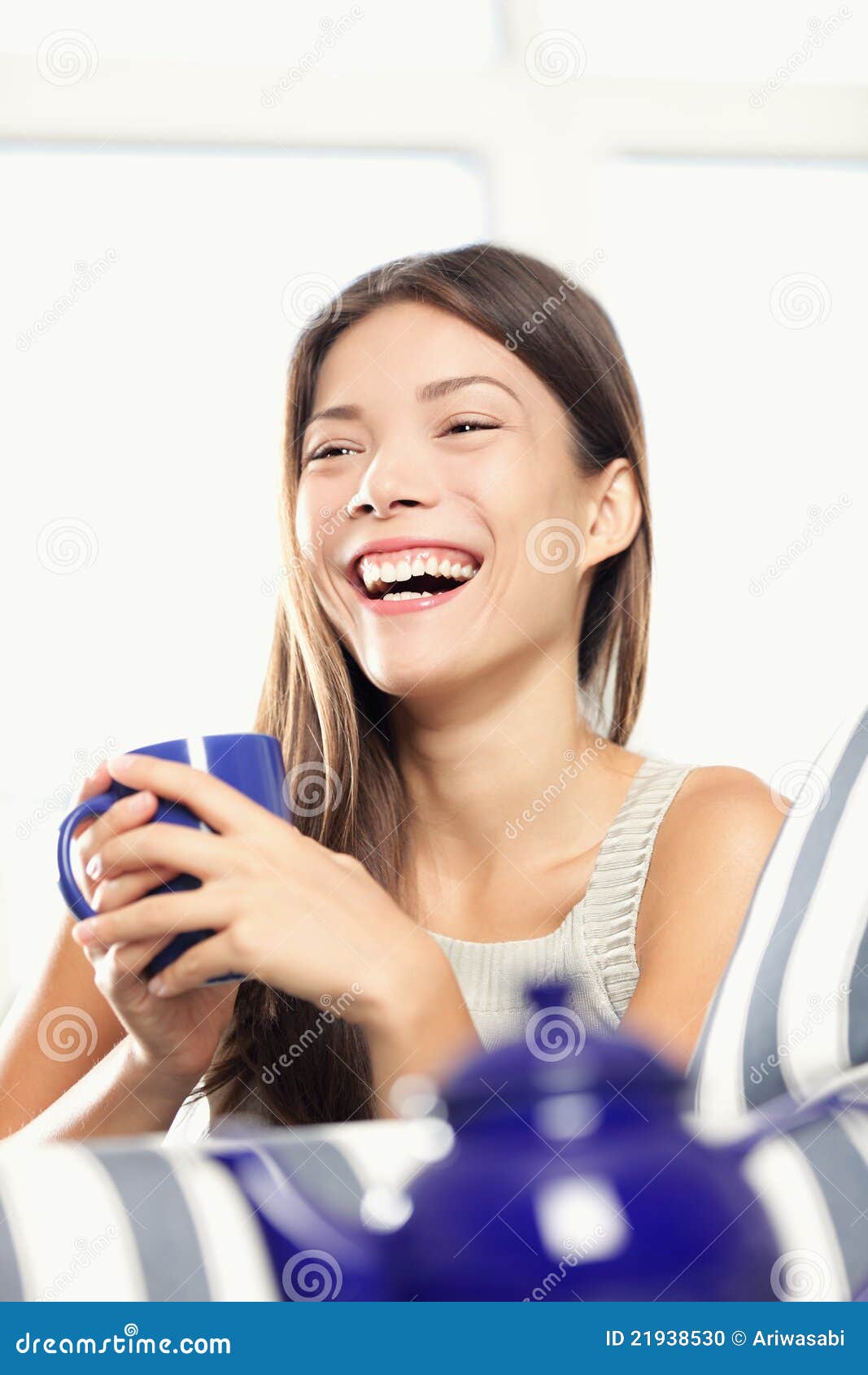 Woman Laughing Drinking Tea Stock Photo - Image of adult, happiness ...