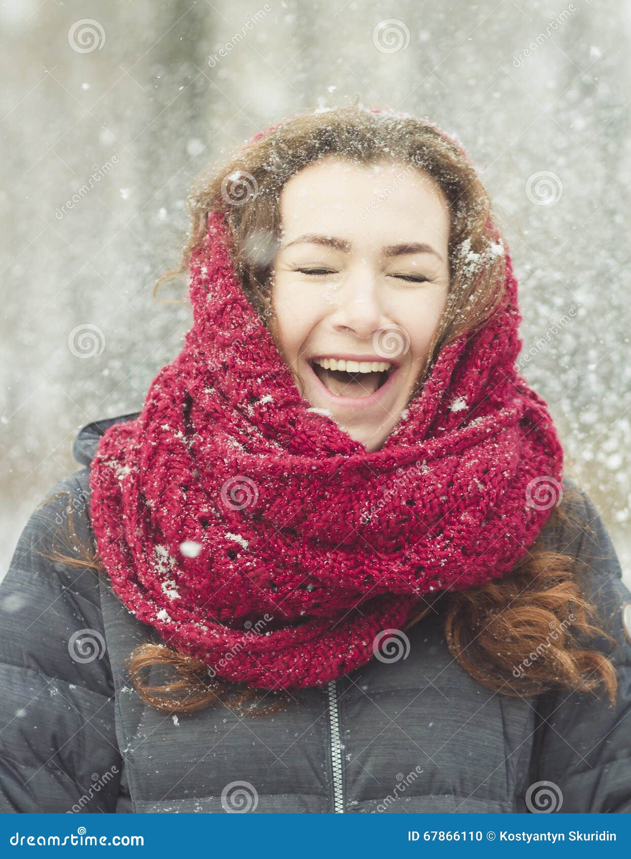 Woman laughing with snow stock photo. Image of happiness - 67866110