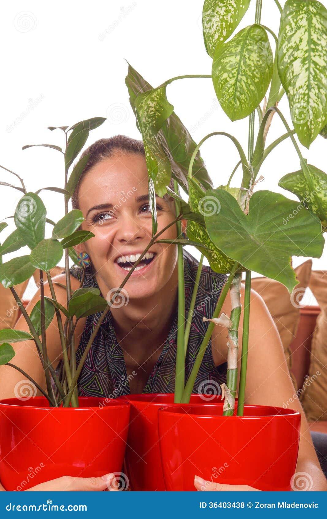 Woman Laughs between Plants Stock Photo - Image of rejoicing, holding ...