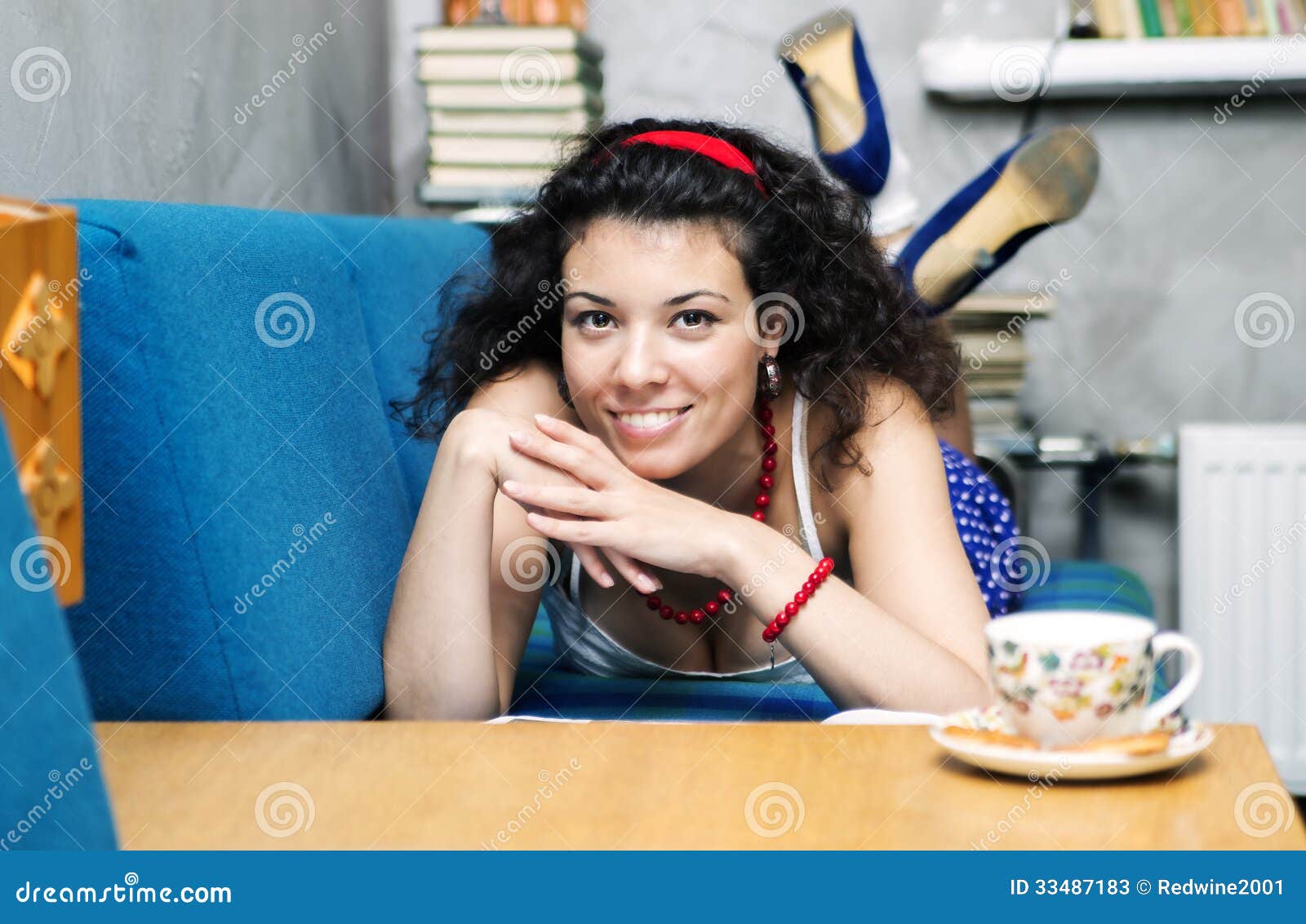 Woman Lay on Sofa and Smile Widely Stock Image - Image of adult, cafe ...
