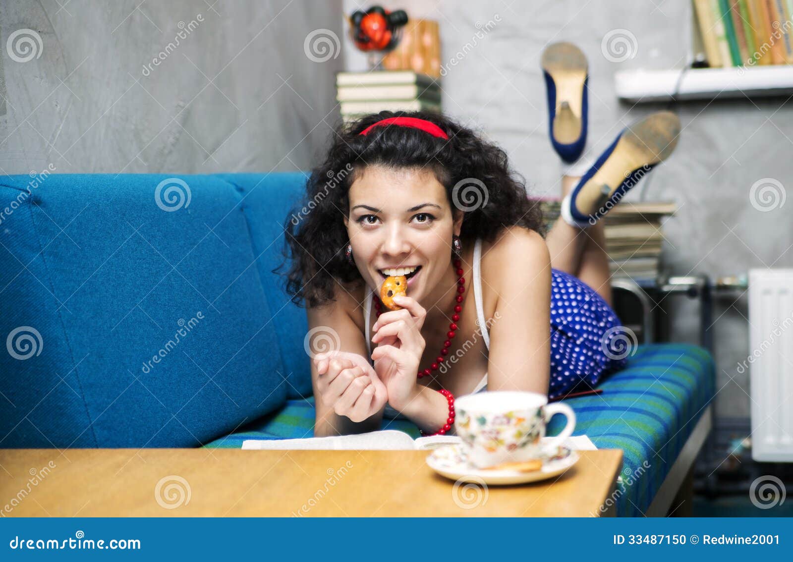 Woman Lay on Soft Sofa and Eat Stock Photo - Image of educated ...