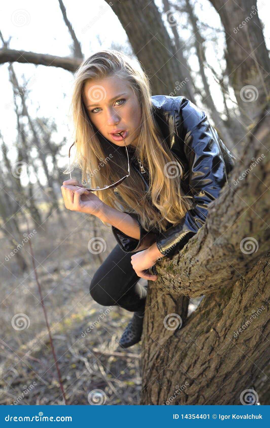 Woman lay on a tree trunk stock image. Image of cute - 14354401