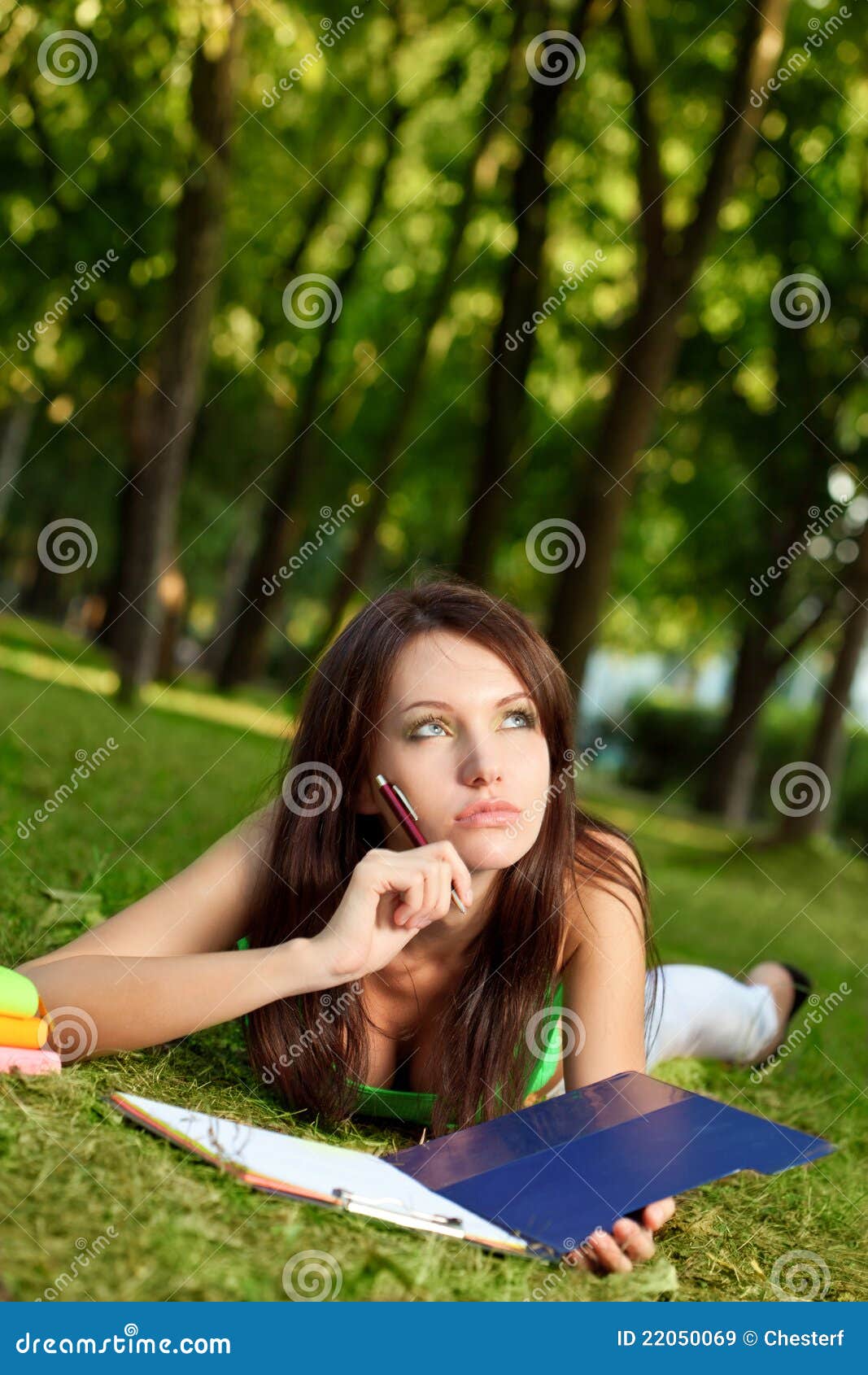 Woman Laying on Grass and Thinking Stock Image - Image of garden ...
