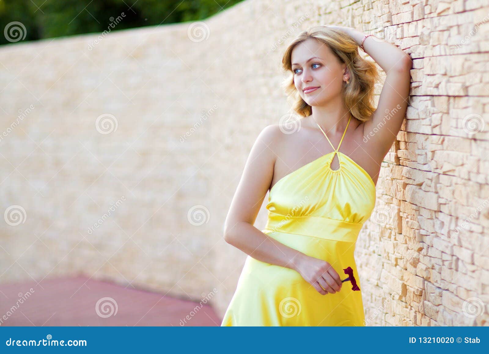 Woman Leaned Against the Wall and Holding a Flower Stock Photo - Image ...